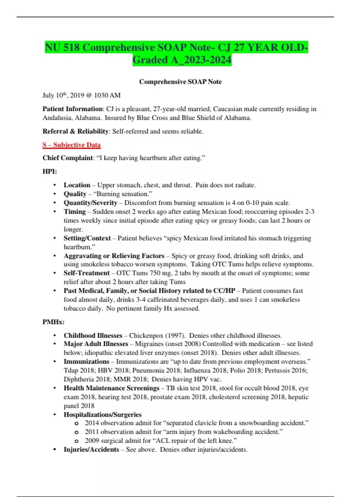 ACTUAL NU 518 Comprehensive SOAP Note- CJ 27 YEAR OLD-Graded A_ - NU ...