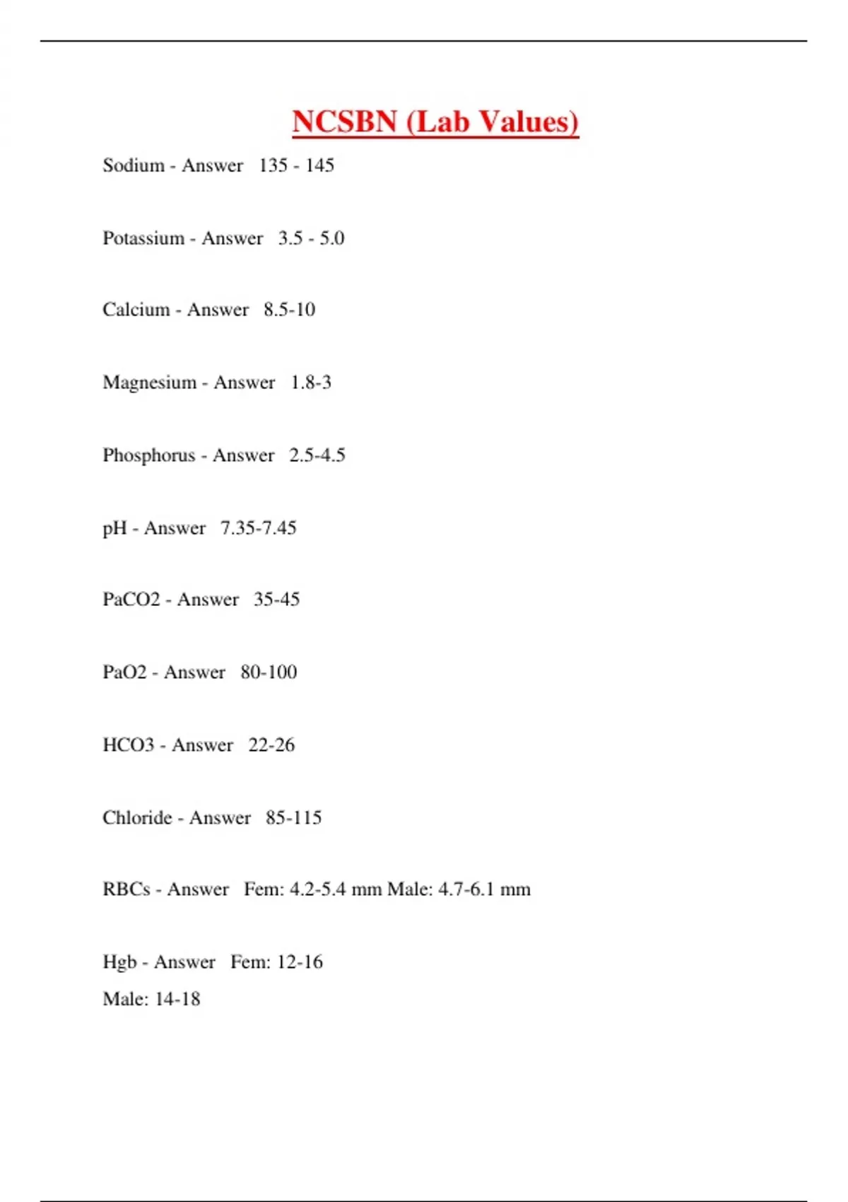NCSBN (Lab Values - NCSBN (Lab Values - Stuvia US
