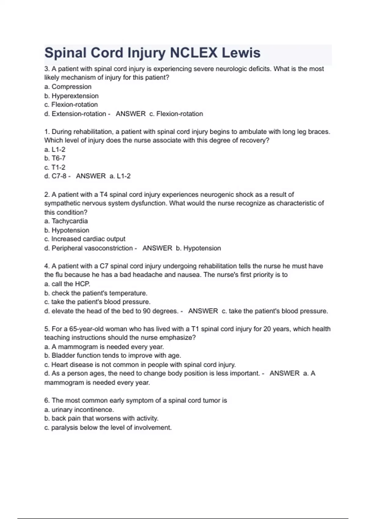 Spinal Cord Injury NCLEX Lewis QUESTIONS AND ANSWERS VERSION 2023/2024 ...
