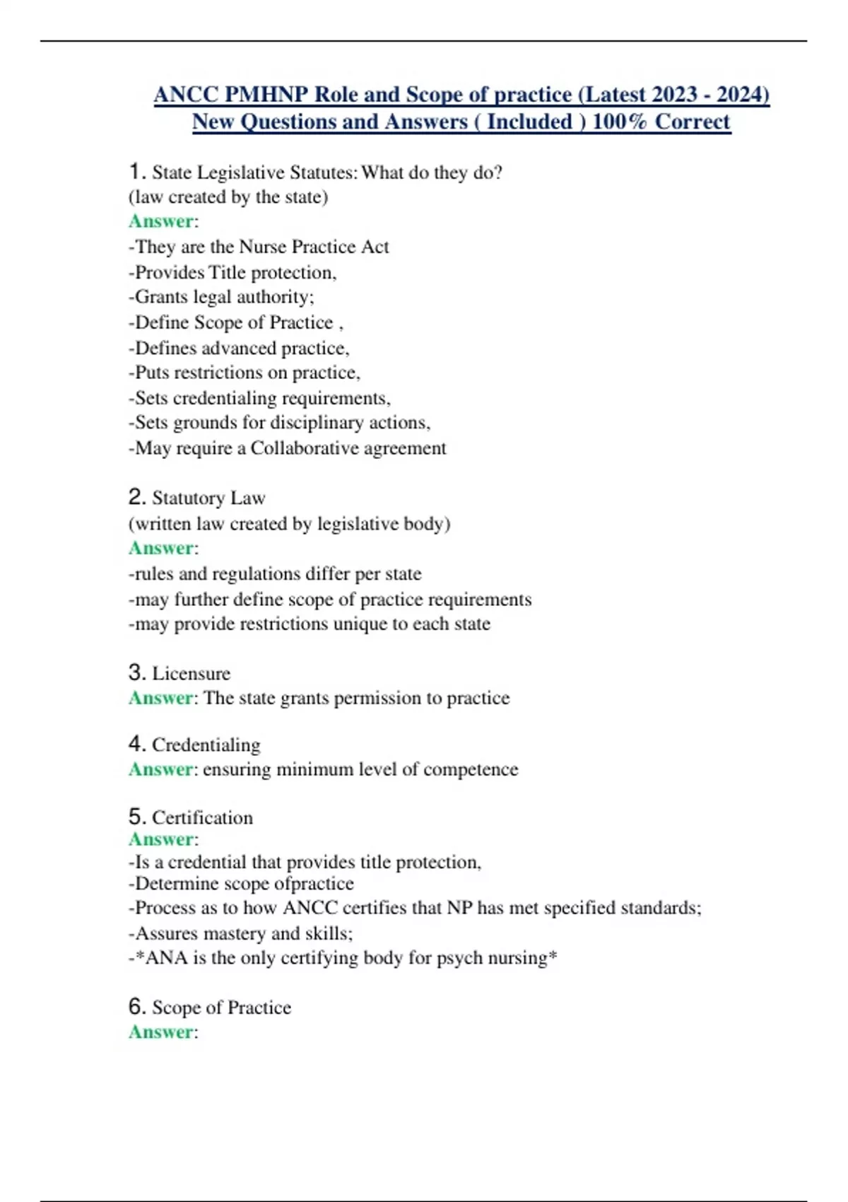 ANCC PMHNP Role and Scope of practice (Latest ) New Questions and ...