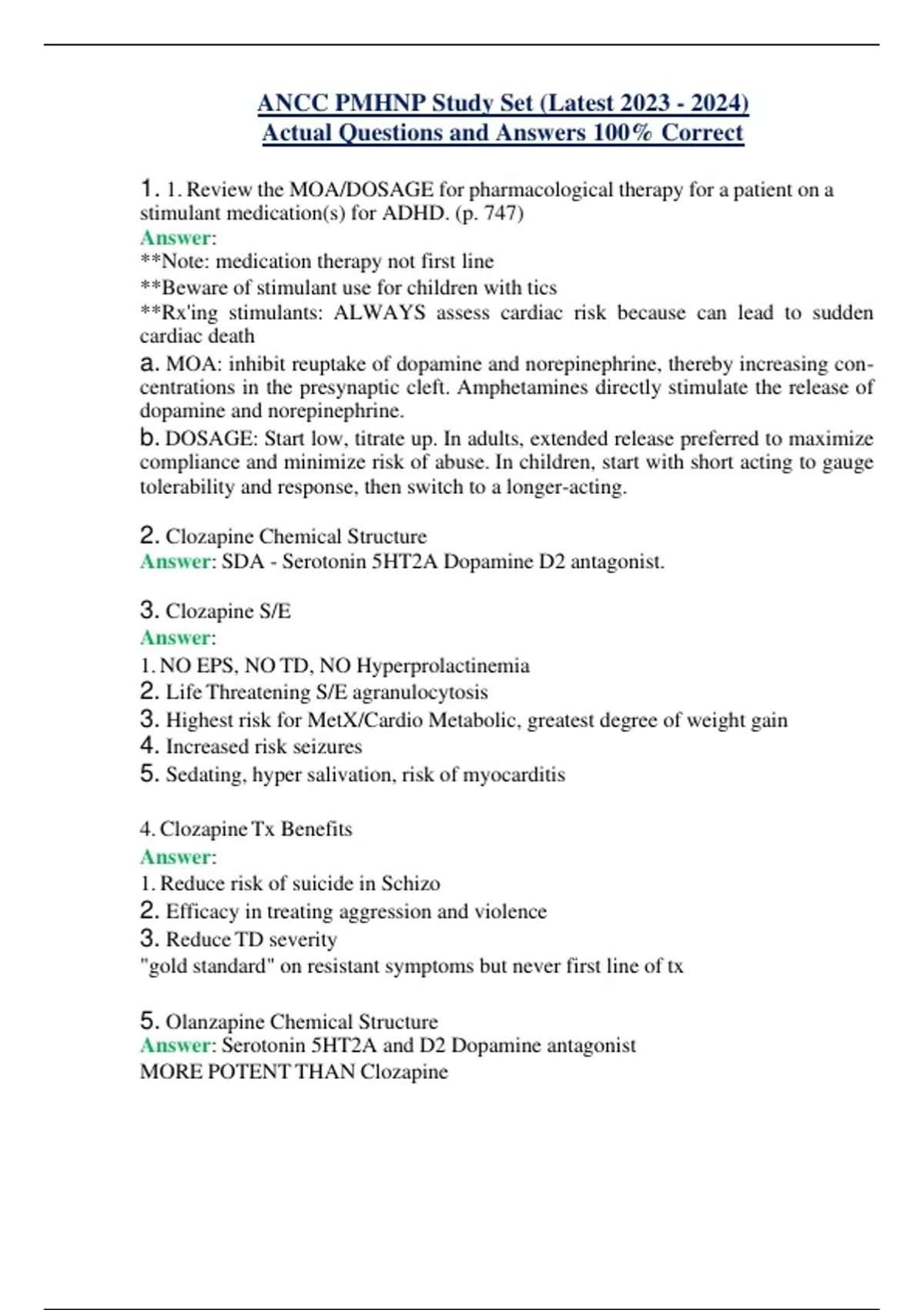 ANCC PMHNP Study Set (Latest ) Actual Questions and Answers 100% ...