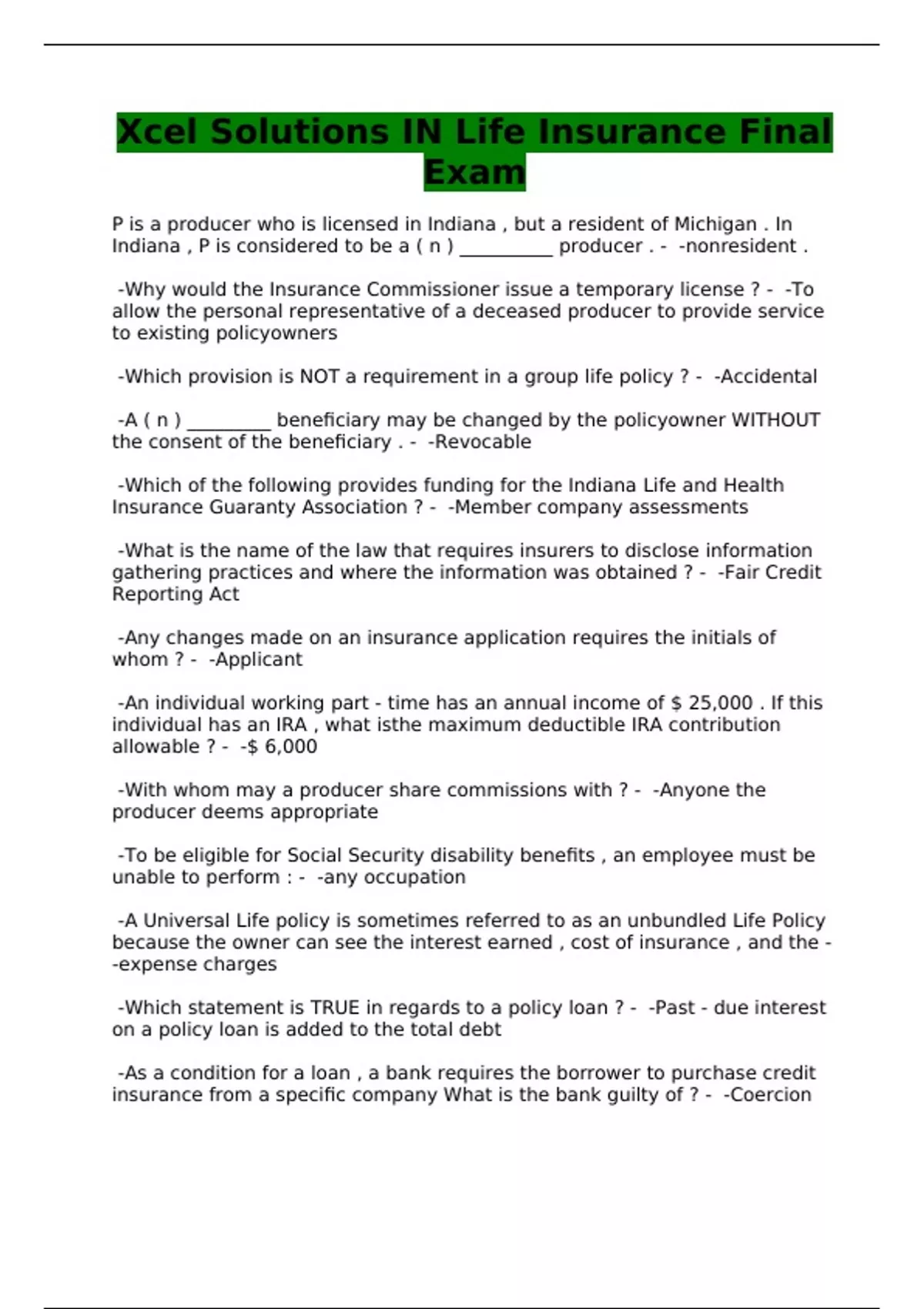 Xcel Solutions IN Life Insurance Final Exam - Xcel - Stuvia US