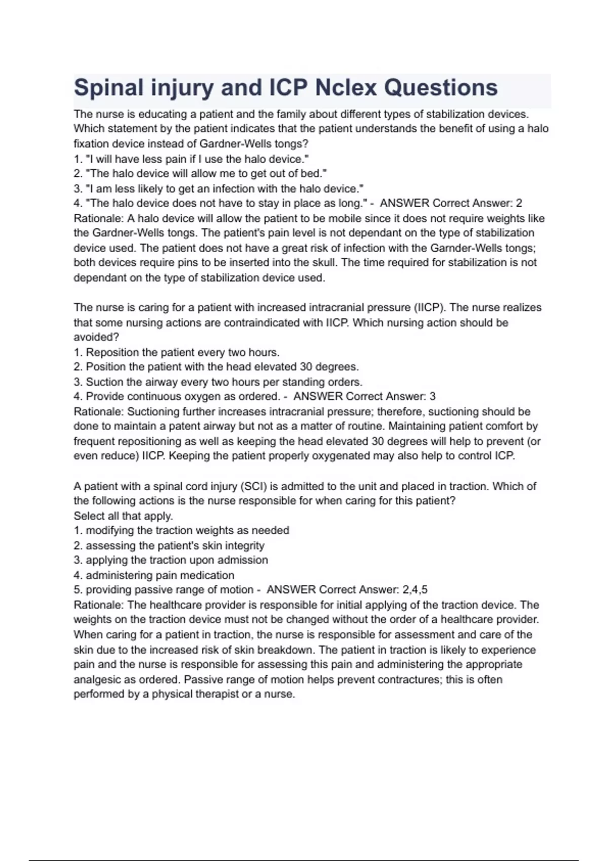 Spinal injury and ICP Nclex Questions with answers and rationales ...