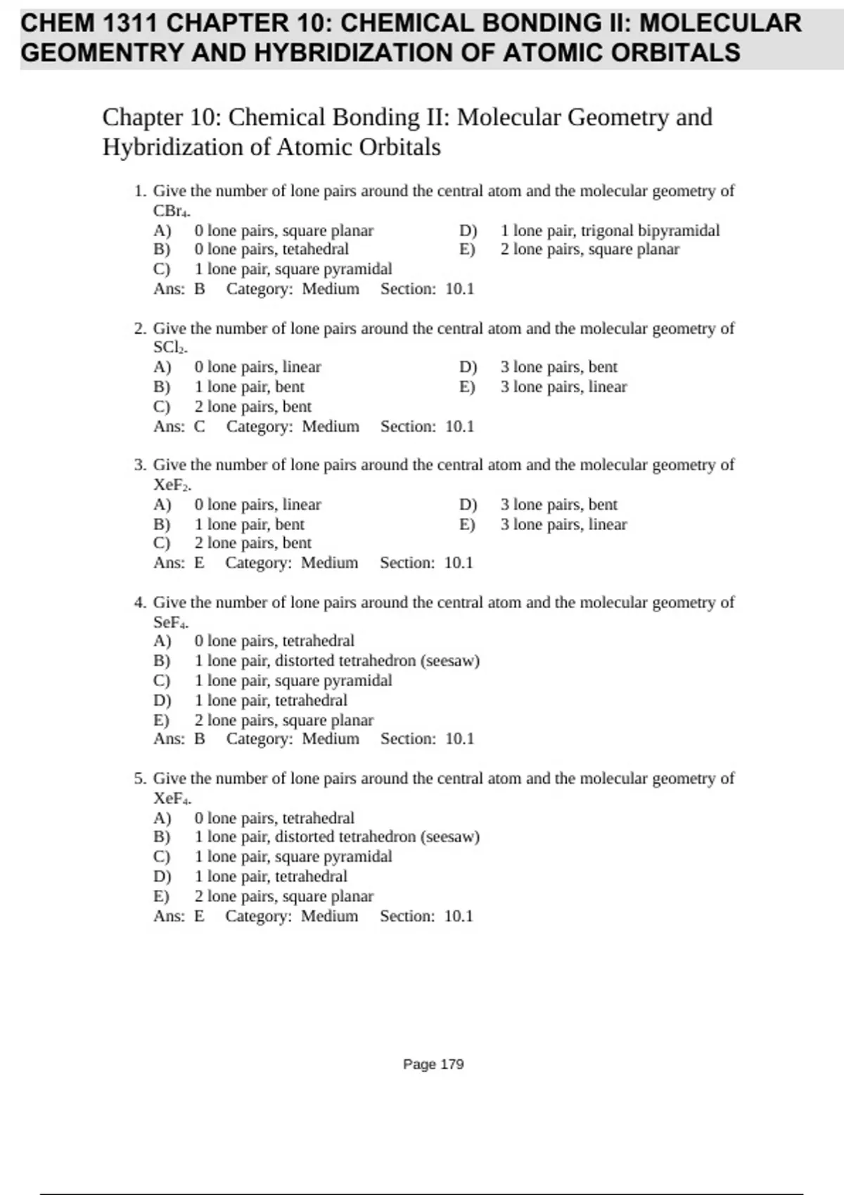 CHEM 1311 CHAPTER 10: CHEMICAL BONDING II: MOLECULAR GEOMENTRY AND ...