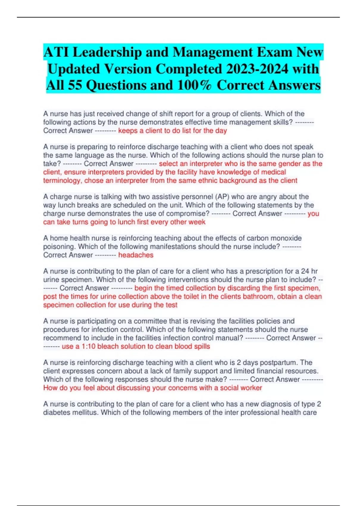 ATI Leadership and Management Exam New Updated Version Completed with All 55 Questions and 100% ...