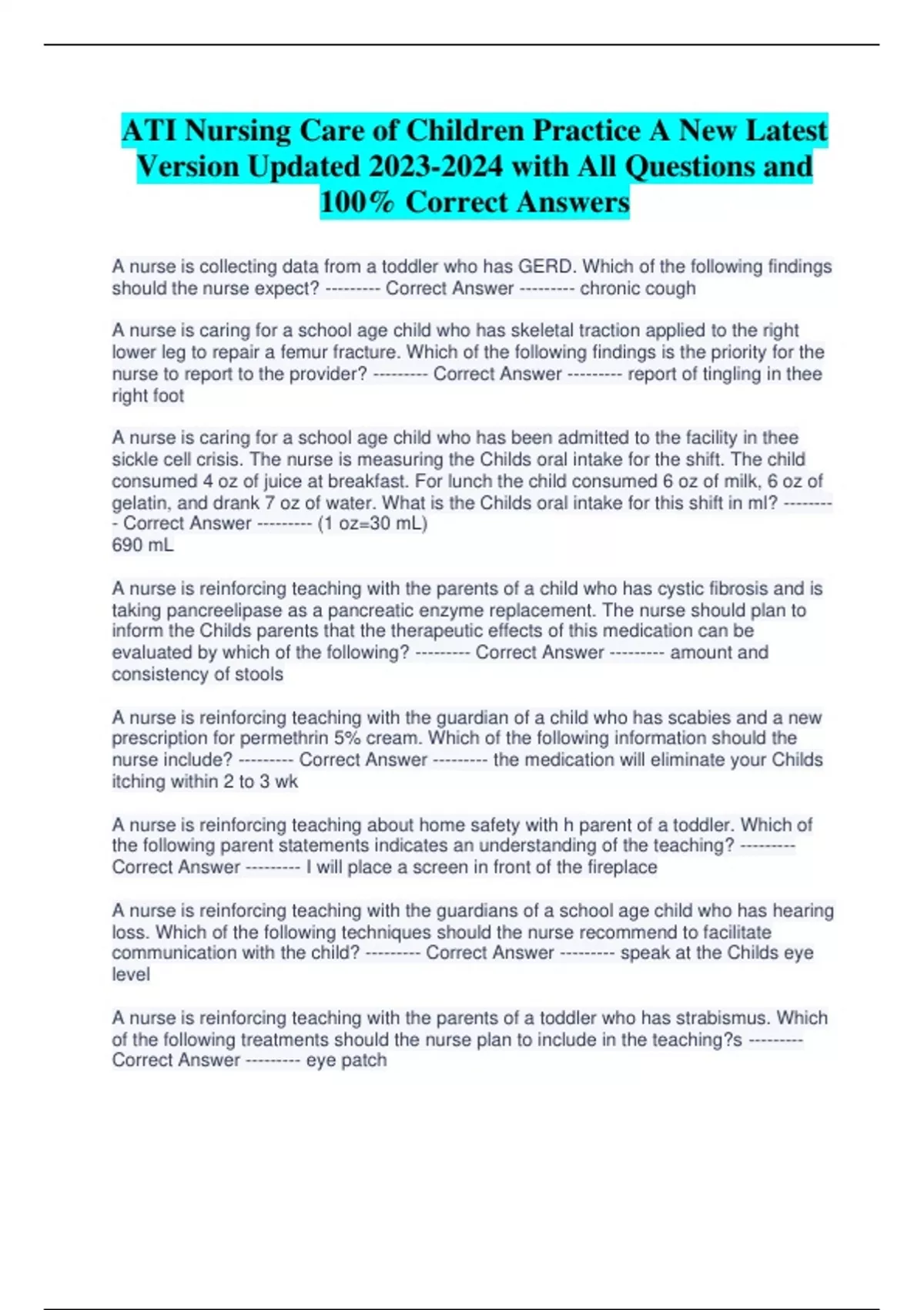 ATI Nursing Care of Children Practice A New Latest Version Updated with ...