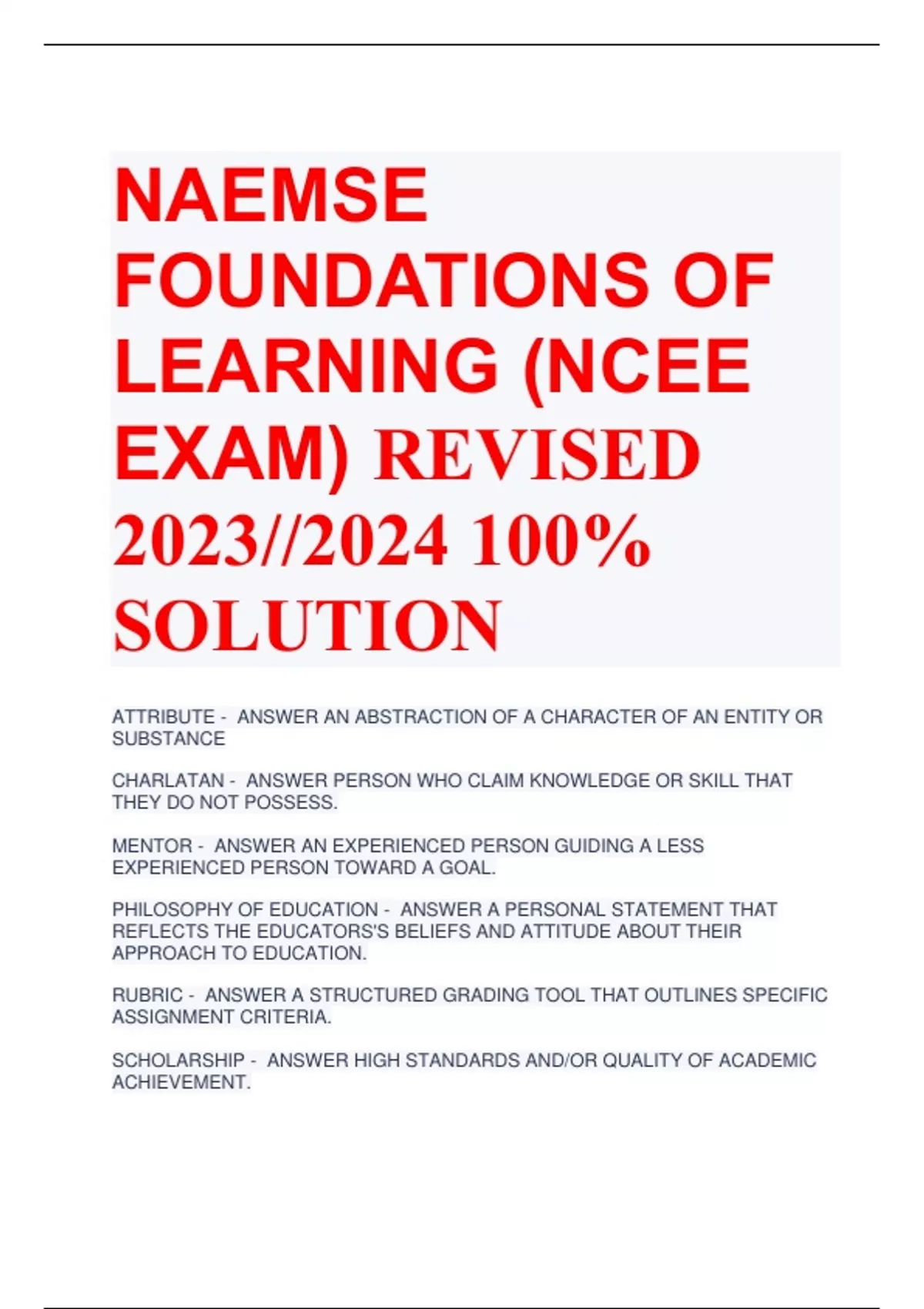 NAEMSE FOUNDATIONS OF LEARNING (NCEE EXAM) REVISED 2023//2024 100% ...