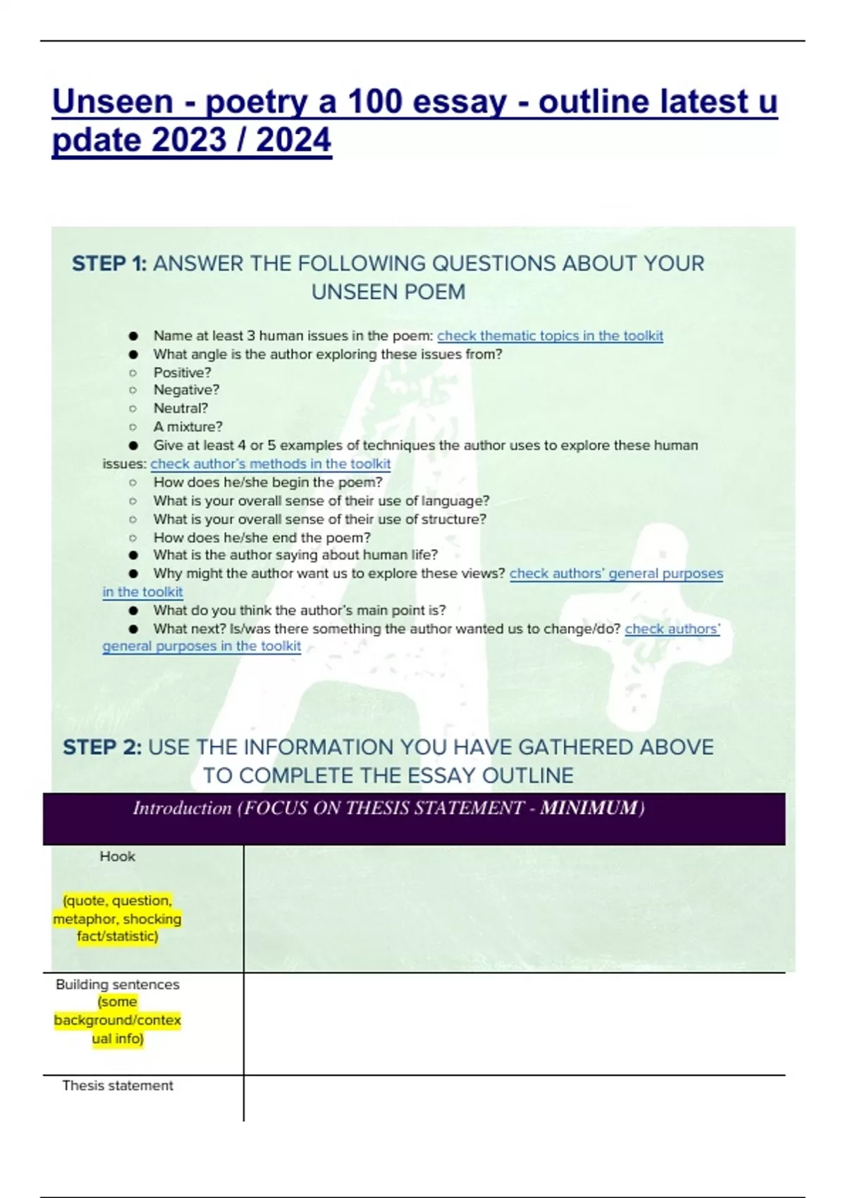 Unseen - poetry a 100 essay - outline latest u pdate 2023 / 2024 STEP 1 ...