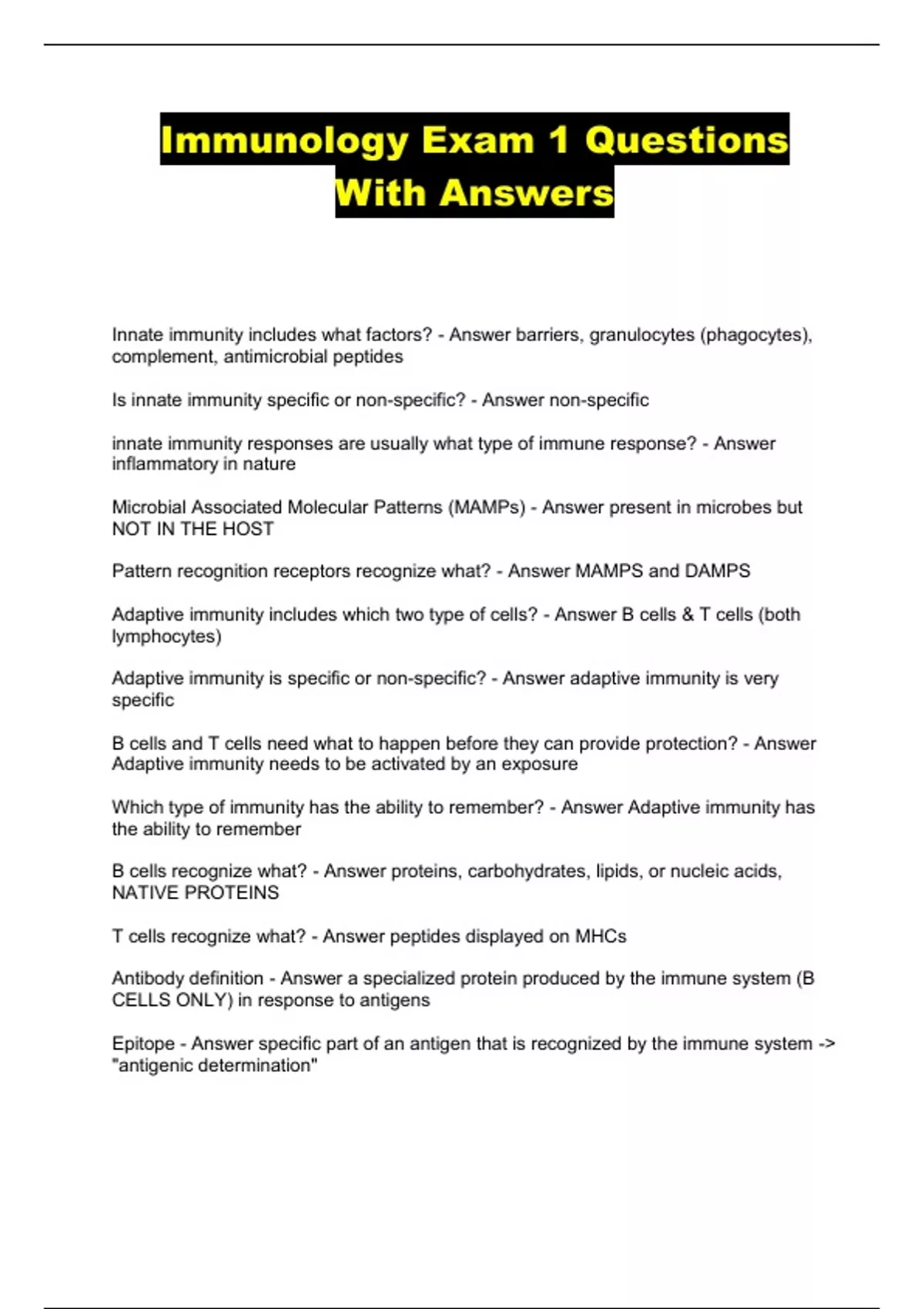 Immunology Exam 1 Questions With Answers - Immunology - Stuvia US