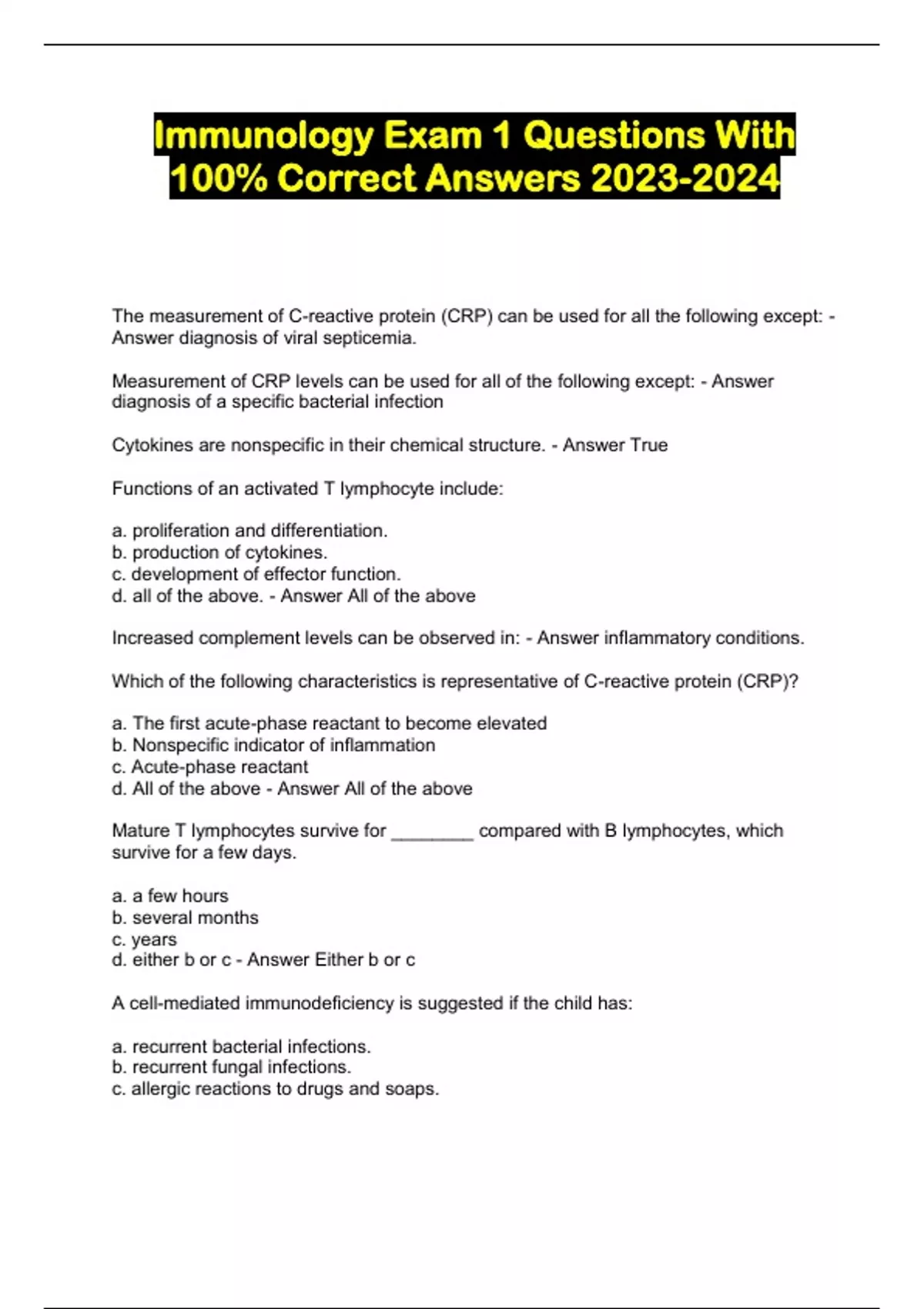 Immunology Exam 1 Questions With 100% Correct Answers - Immunology ...