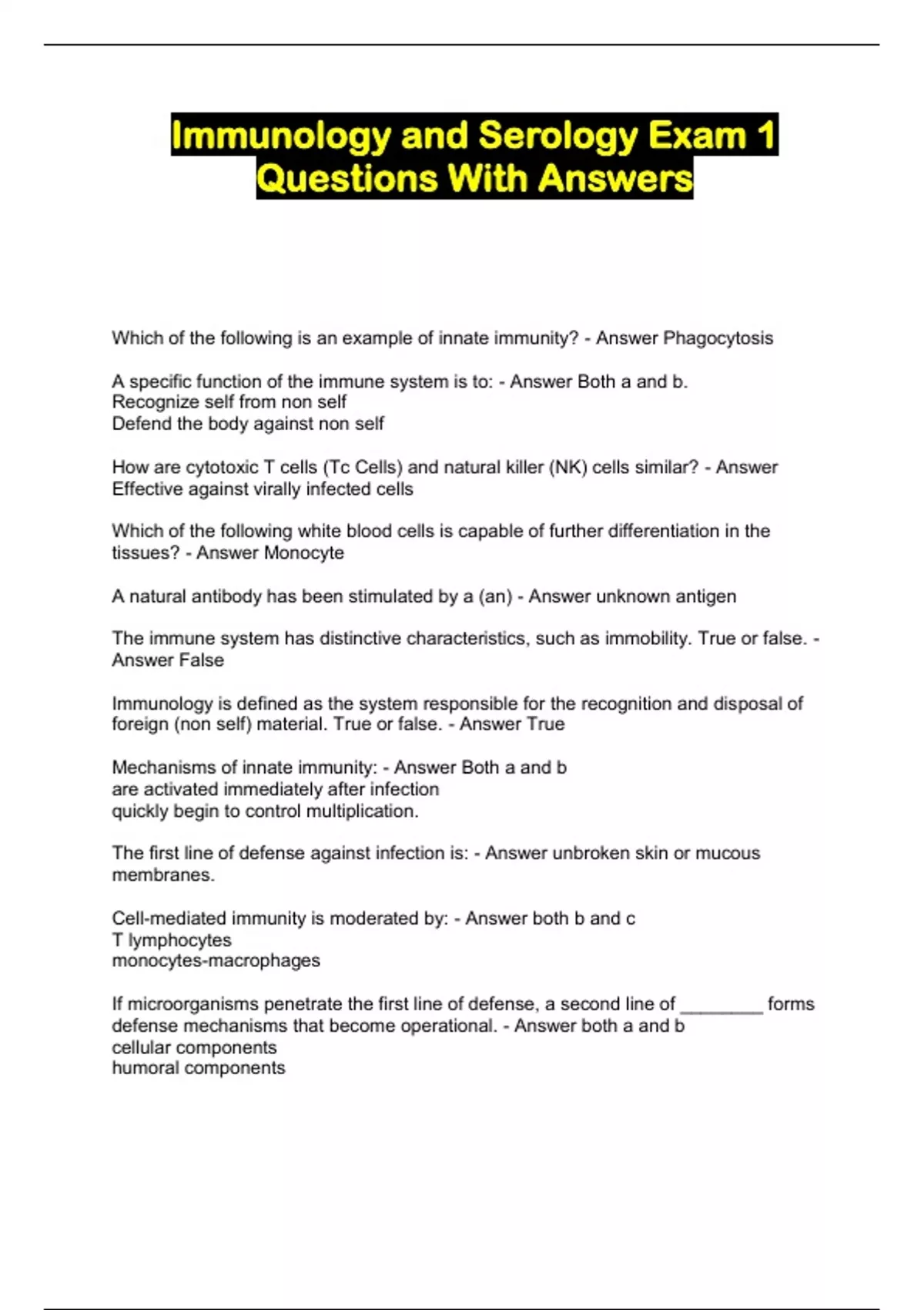 Immunology and Serology Exam 1 Questions With Answers - Immunology and ...