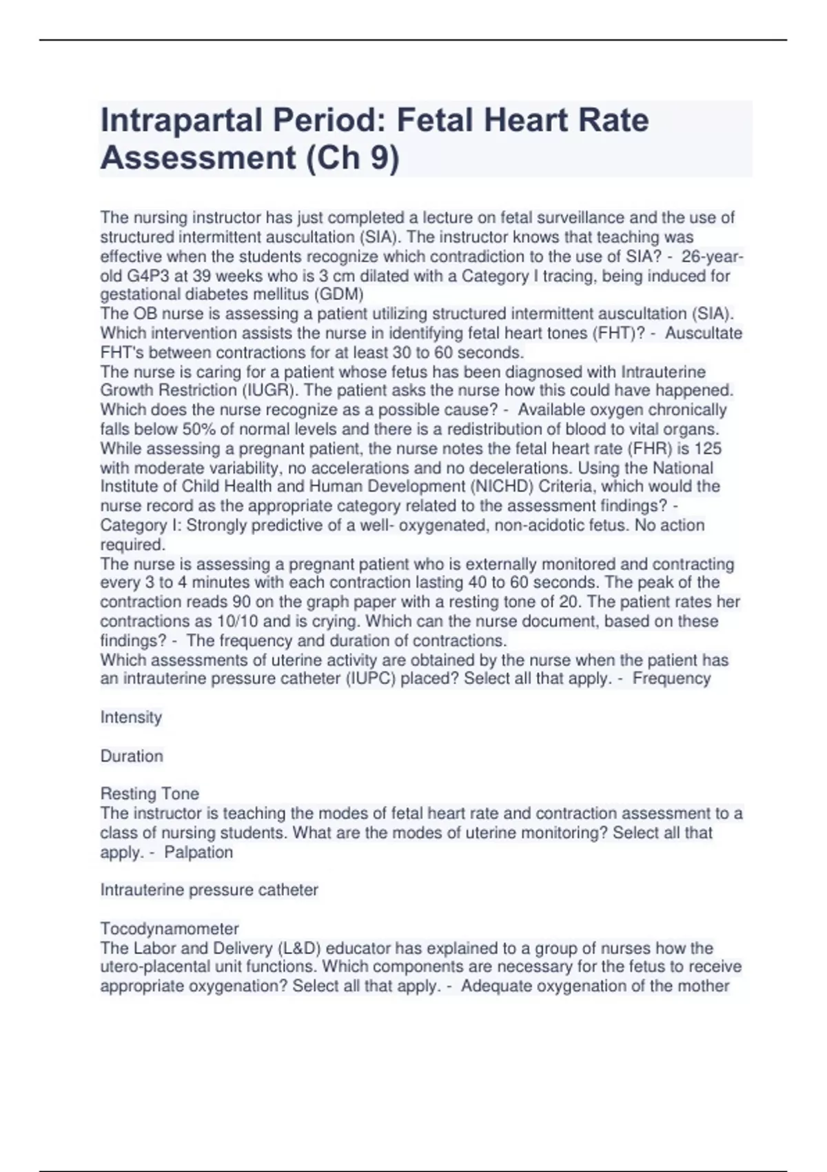 Intrapartal Period: Fetal Heart Rate Assessment (Ch 9) - Intrapartal ...