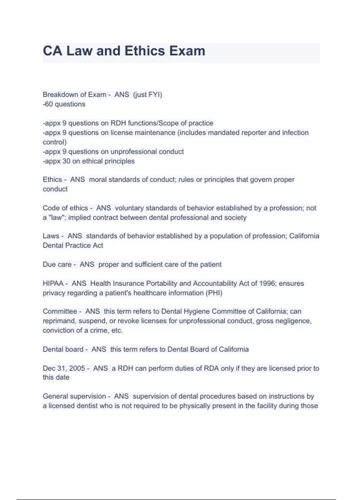 CA Law and Ethics Exam Questions And Answers - Dental law and ethics ...