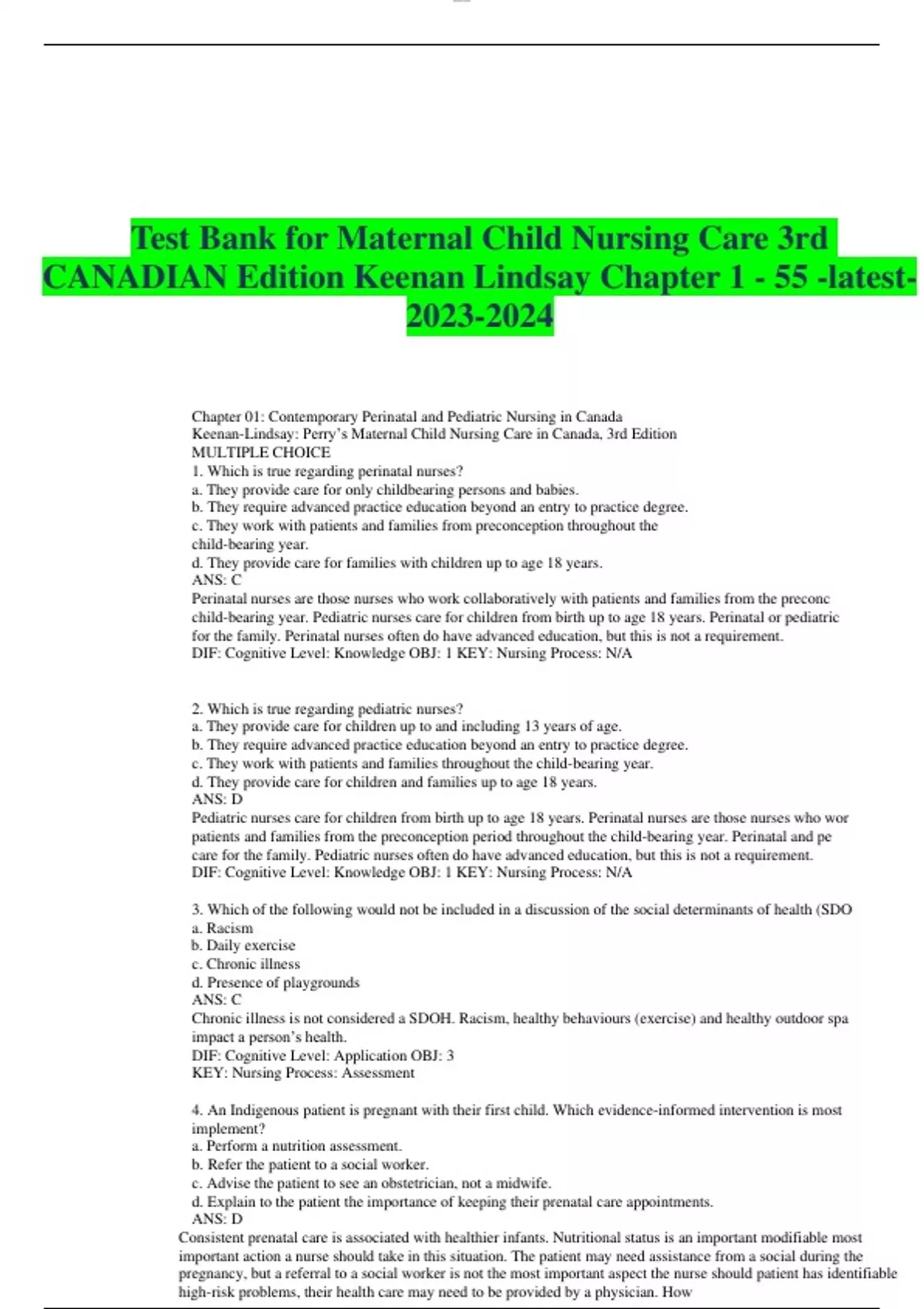 Test Bank for Maternal Child Nursing Care 3rd CANADIAN Edition Keenan ...