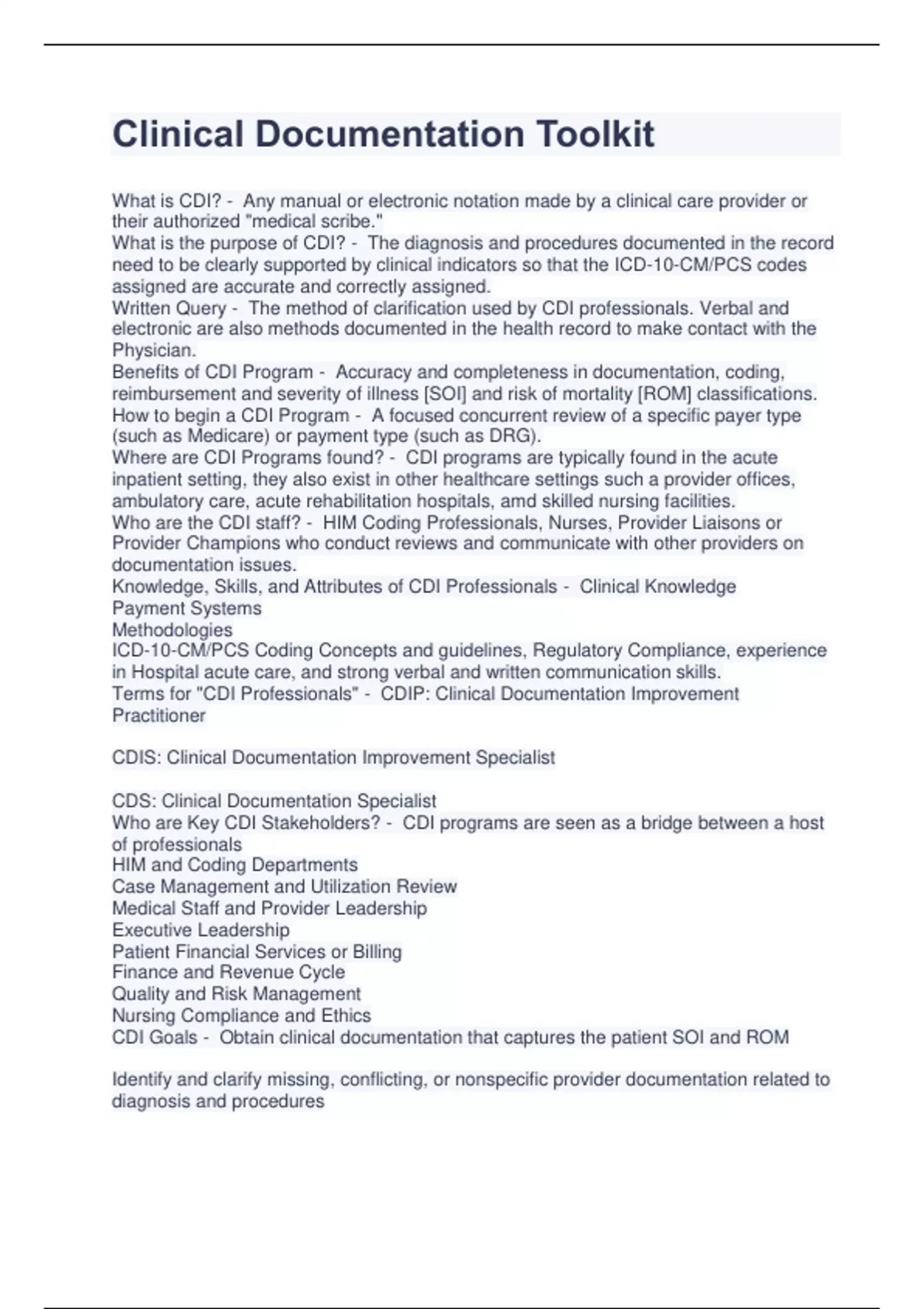 Clinical Documentation Toolkit - CDI - Stuvia US