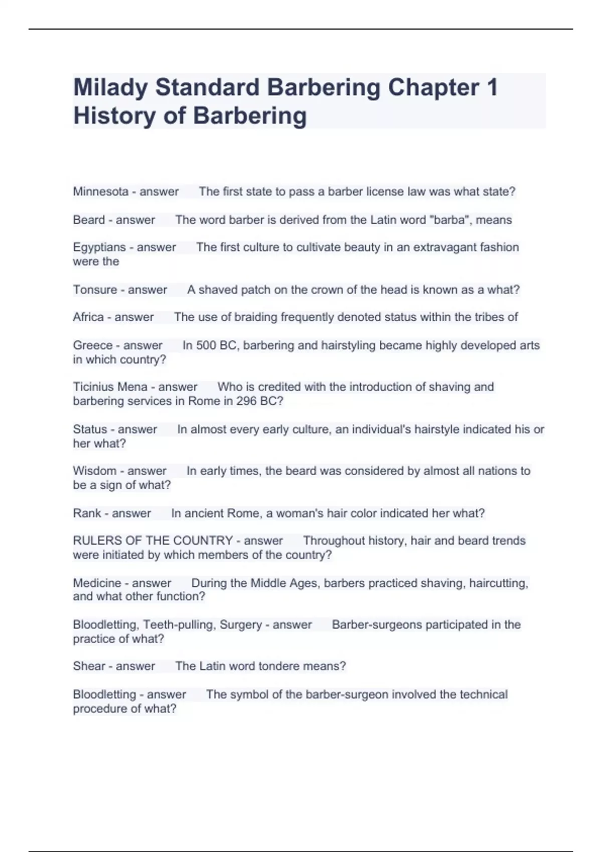 Milady Standard Barbering Chapter 1 History of Barbering Questions with ...