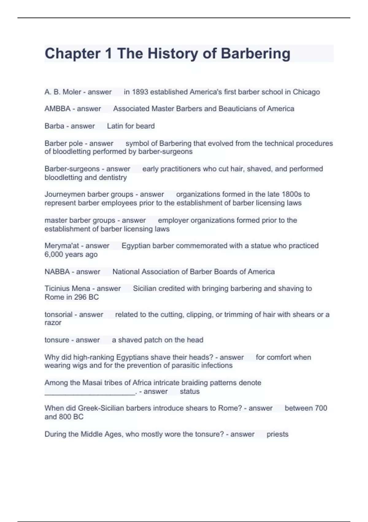 Chapter 1 The History of Barbering Questions with correct Answers 2023 ...