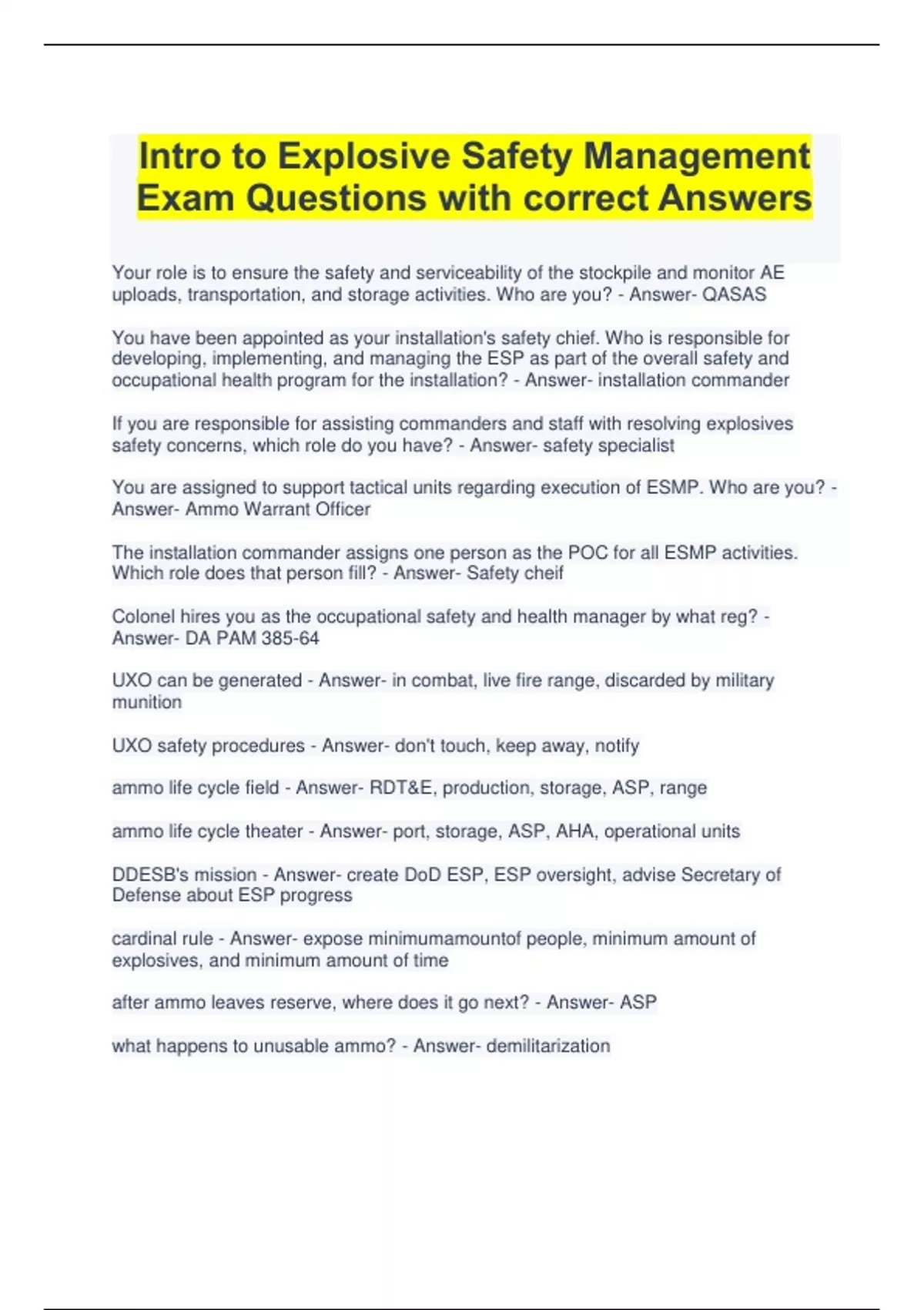 Intro to Explosive Safety Management Exam Questions with correct ...