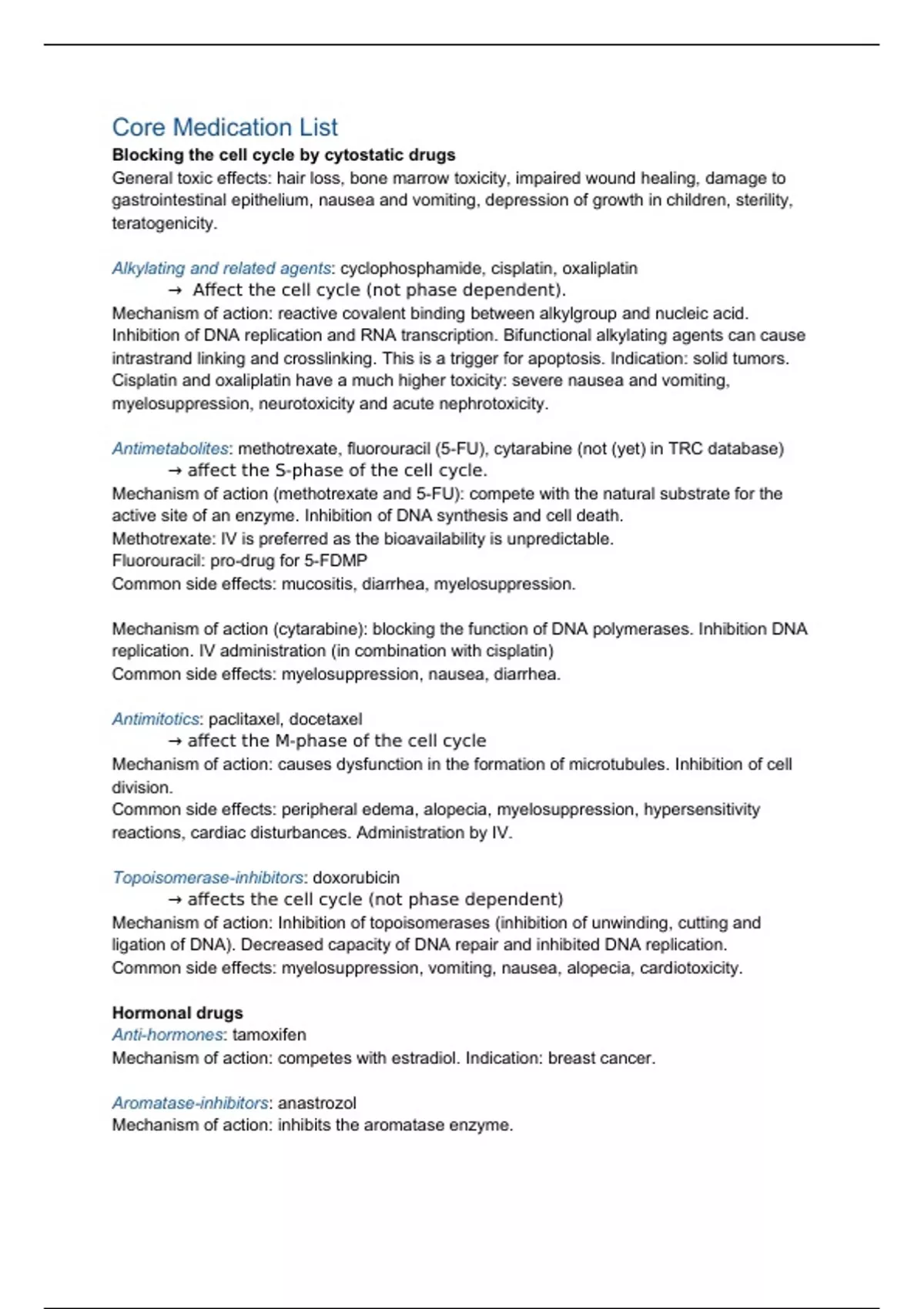Summary Core medication list mechanisms of disease 2 - Mechanisms of ...
