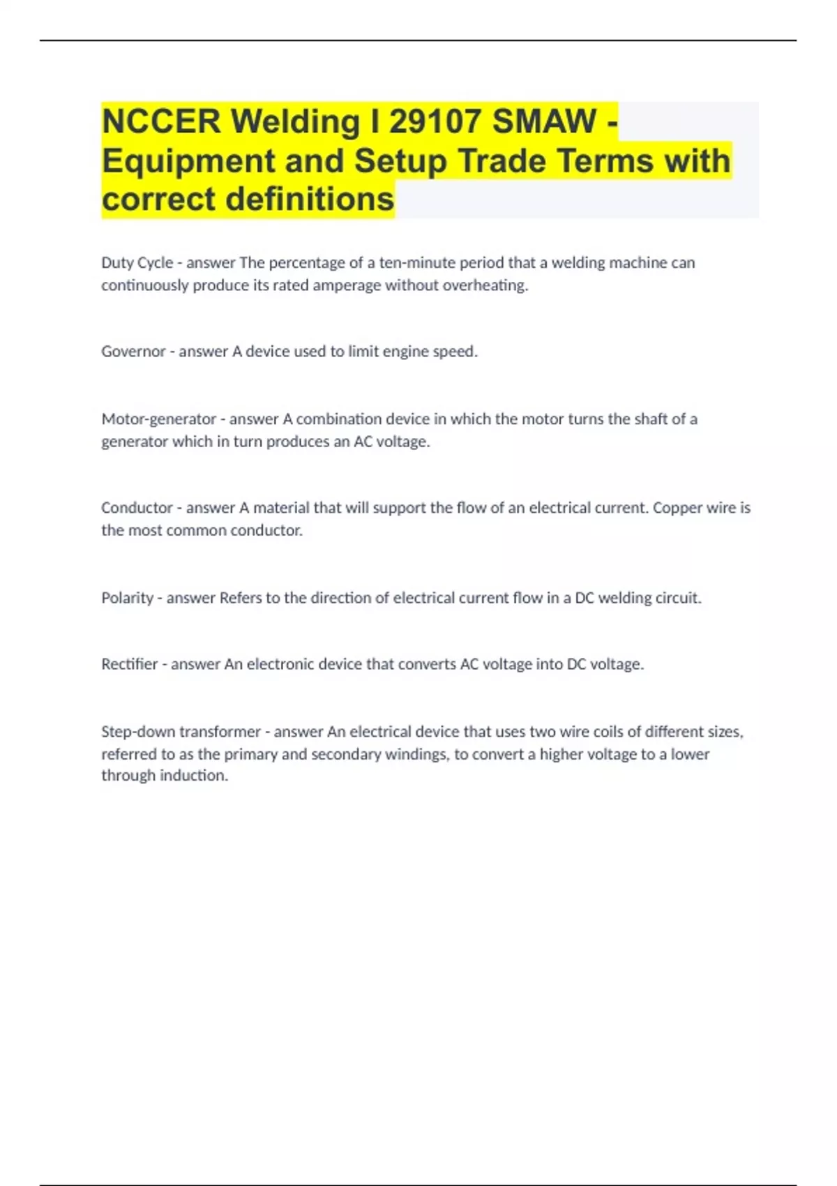 NCCER Welding I 29107 SMAW - Equipment and Setup Trade Terms with ...