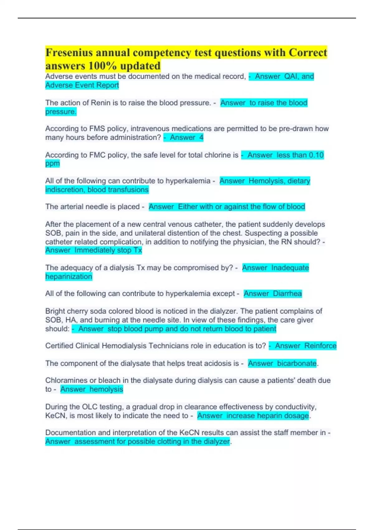 Fresenius annual competency test questions with Correct answers 100% ...