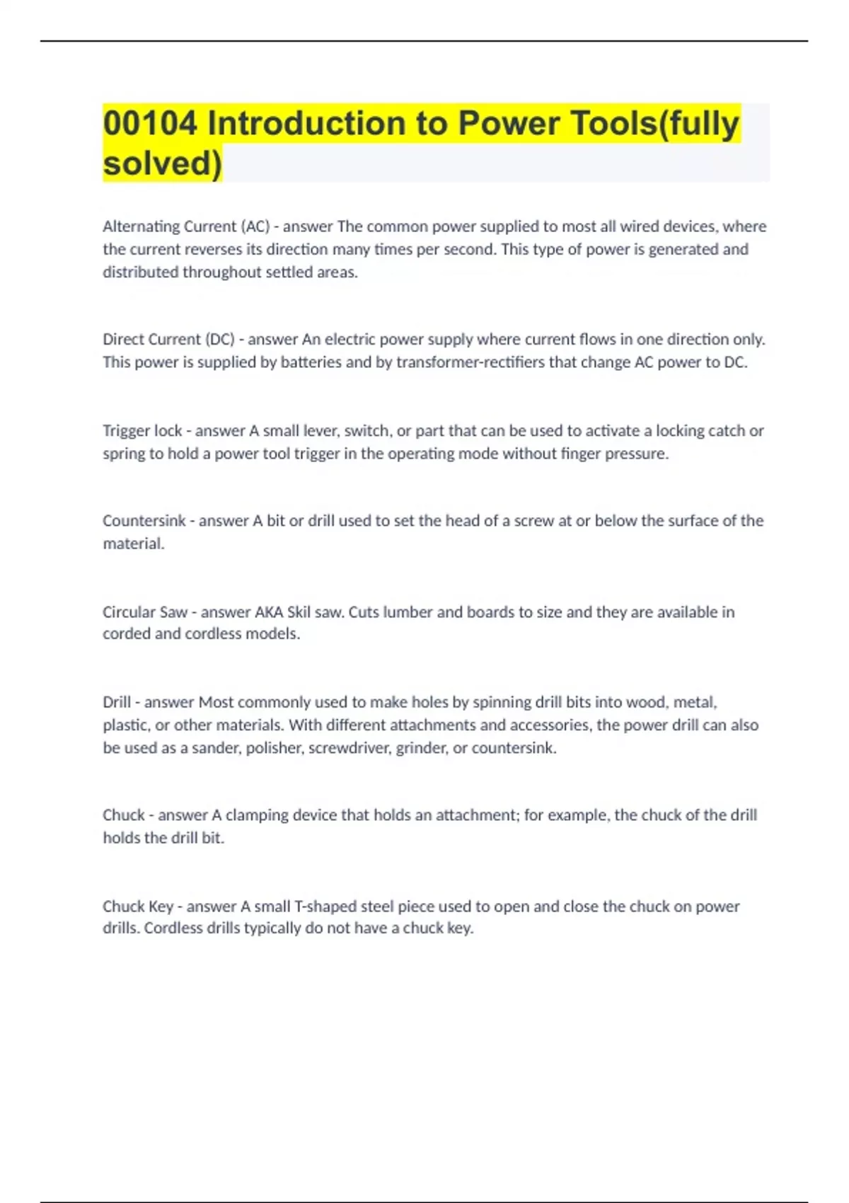 00104 Introduction to Power Tools(fully solved) - NCCER - Stuvia US