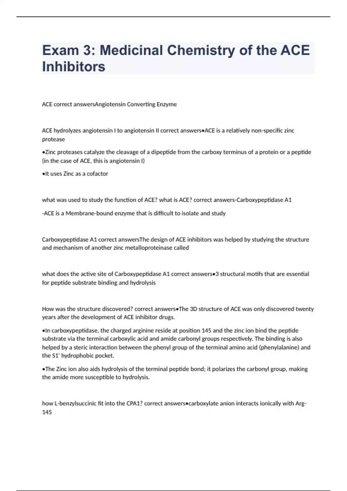Exam 3: Medicinal Chemistry of the ACE Inhibitors 2023 with correct ...