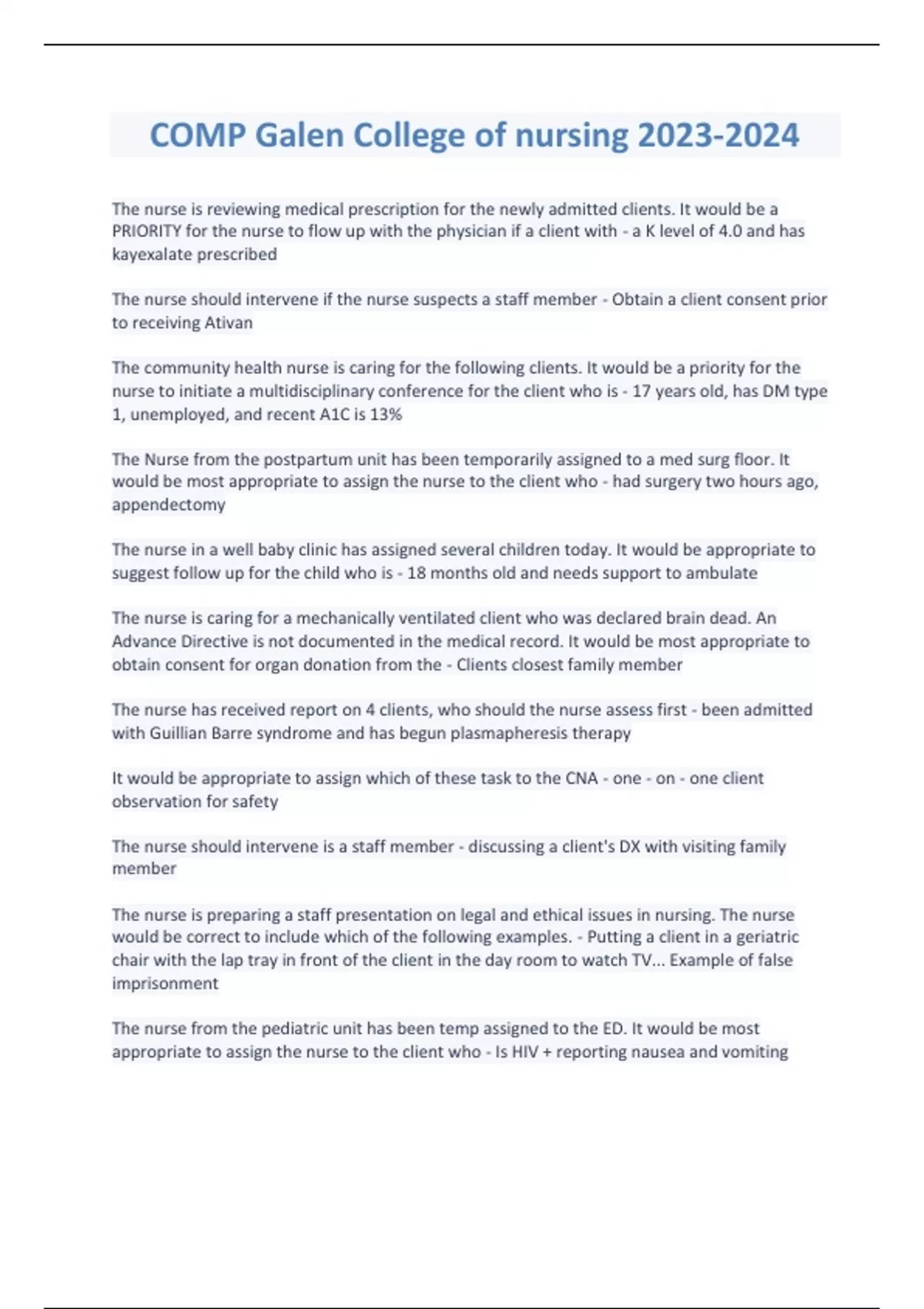 COMP Galen College of nursing - COMP - Stuvia US