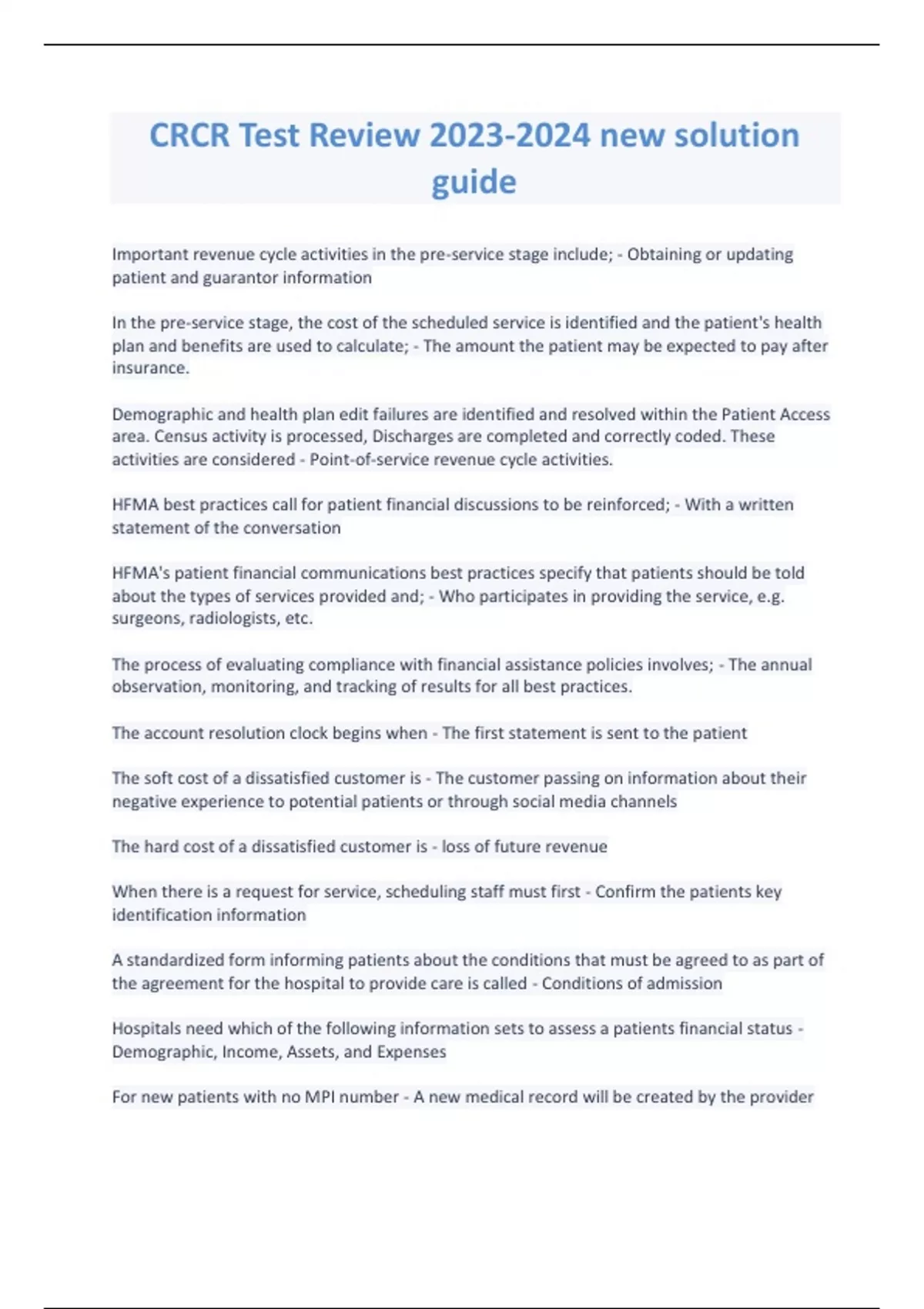 CRCR Test Review new solution guide - HFMA CRCR - Stuvia US