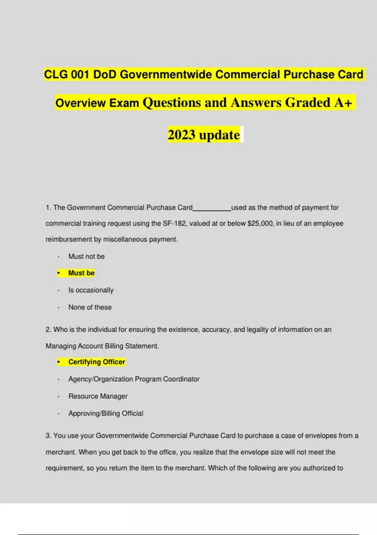CLG 001 DoD Governmentwide Commercial Purchase Card Overview Exam ...