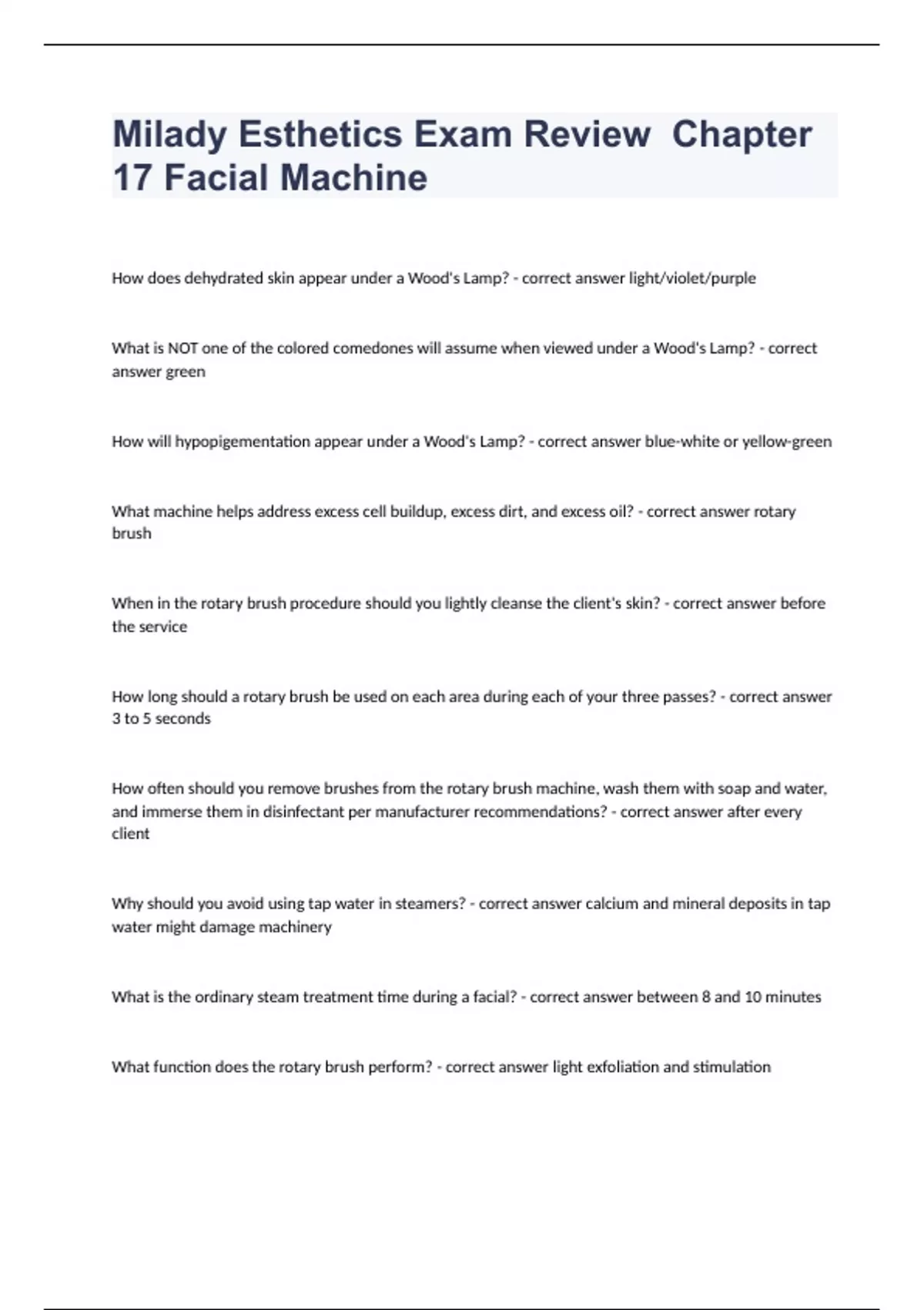 Milady Esthetics Exam Review- Chapter 17 Facial Machine exam questions ...