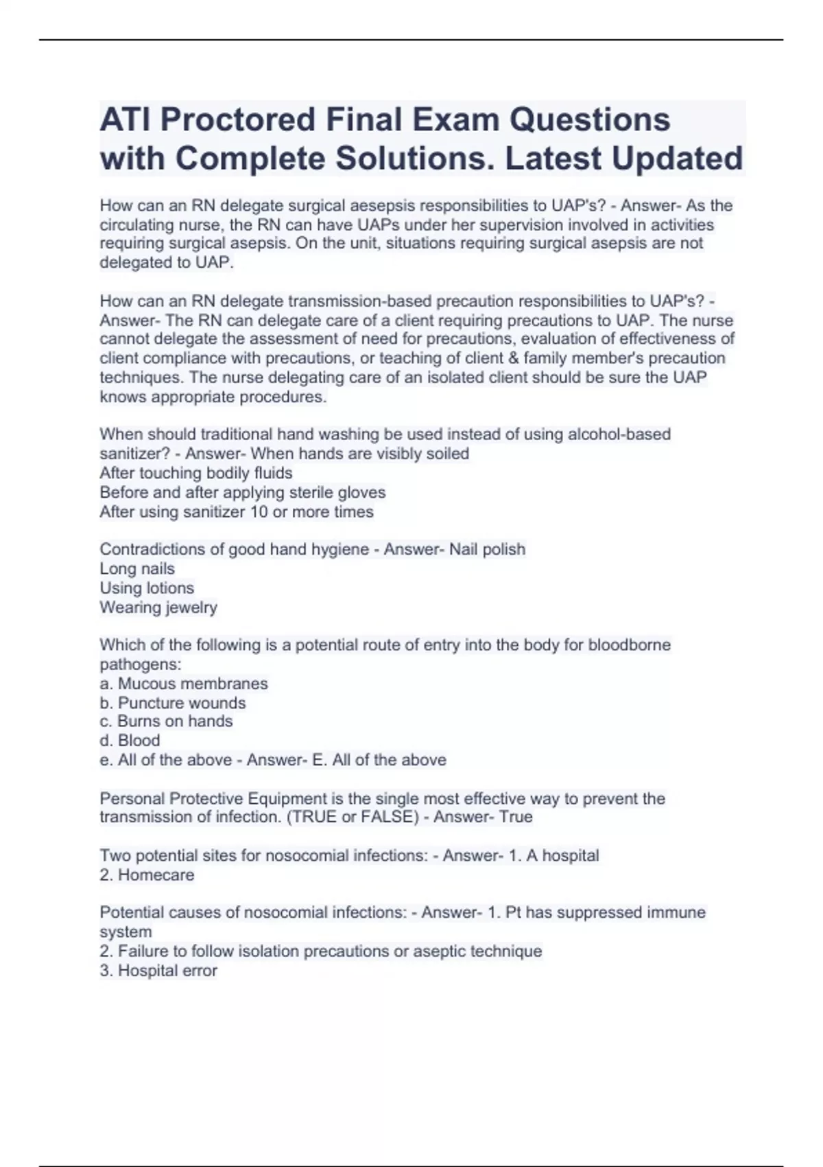 ATI Proctored Final Exam Questions with Complete Solutions. Latest ...