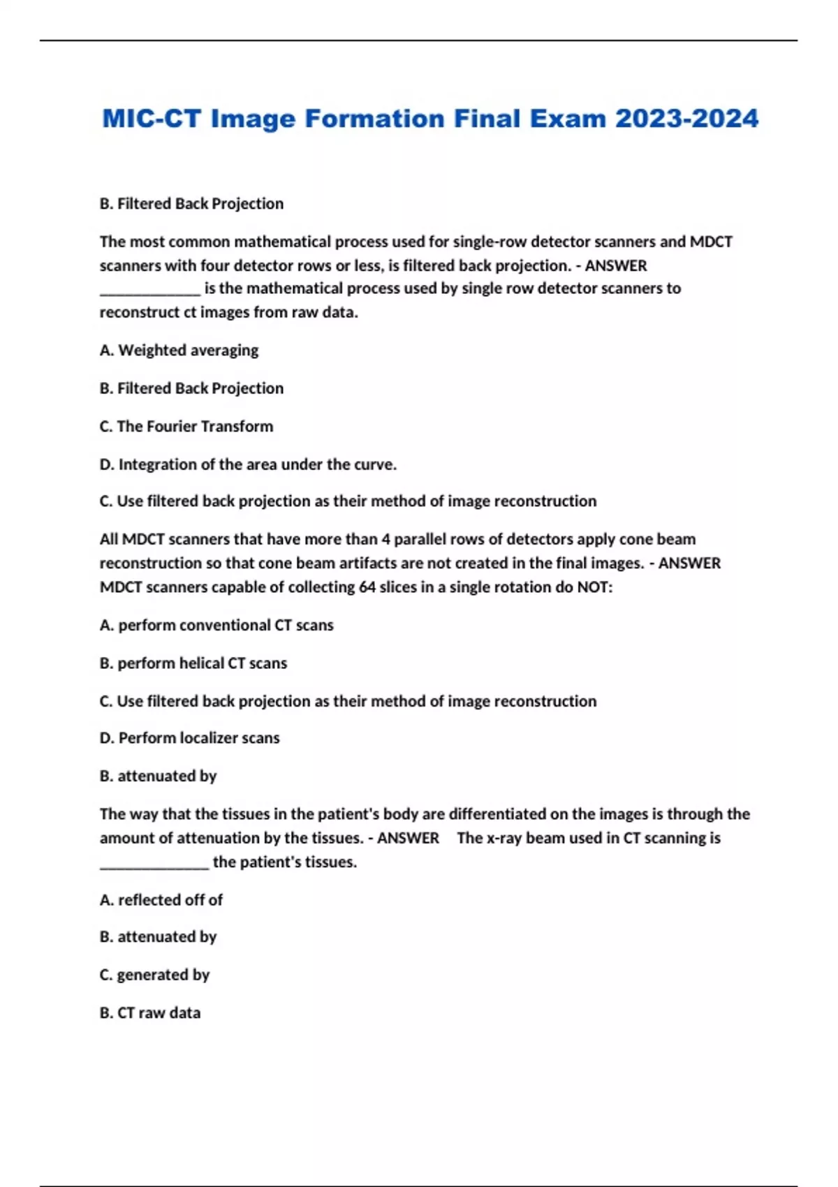 MIC-CT Image Formation Final Exam - MIC-CT Image Formation - Stuvia US