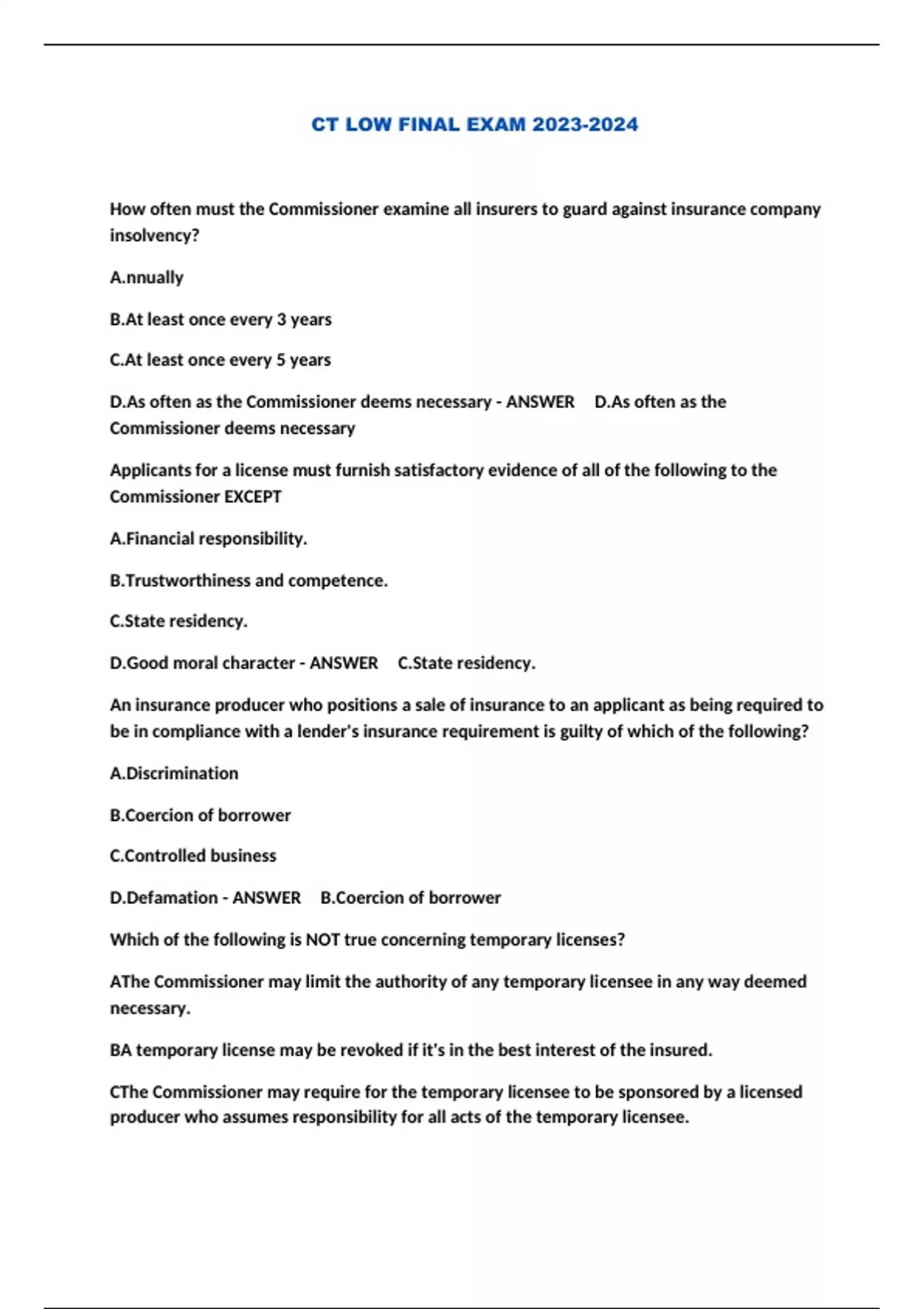 CT LOW FINAL EXAM - CT LOW - Stuvia US