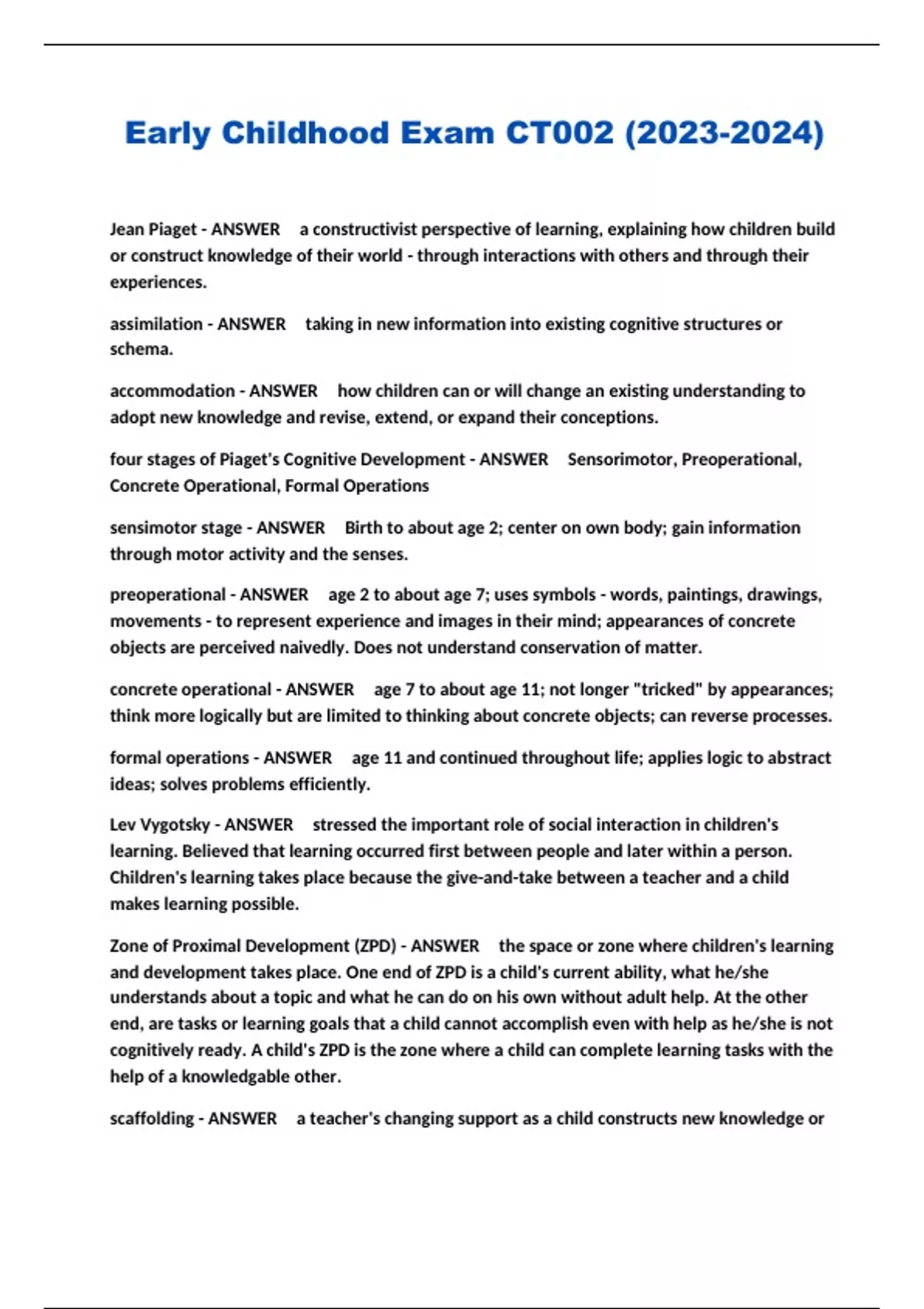 Early Childhood Exam CT002 () - Early Childhood CT002 - Stuvia US