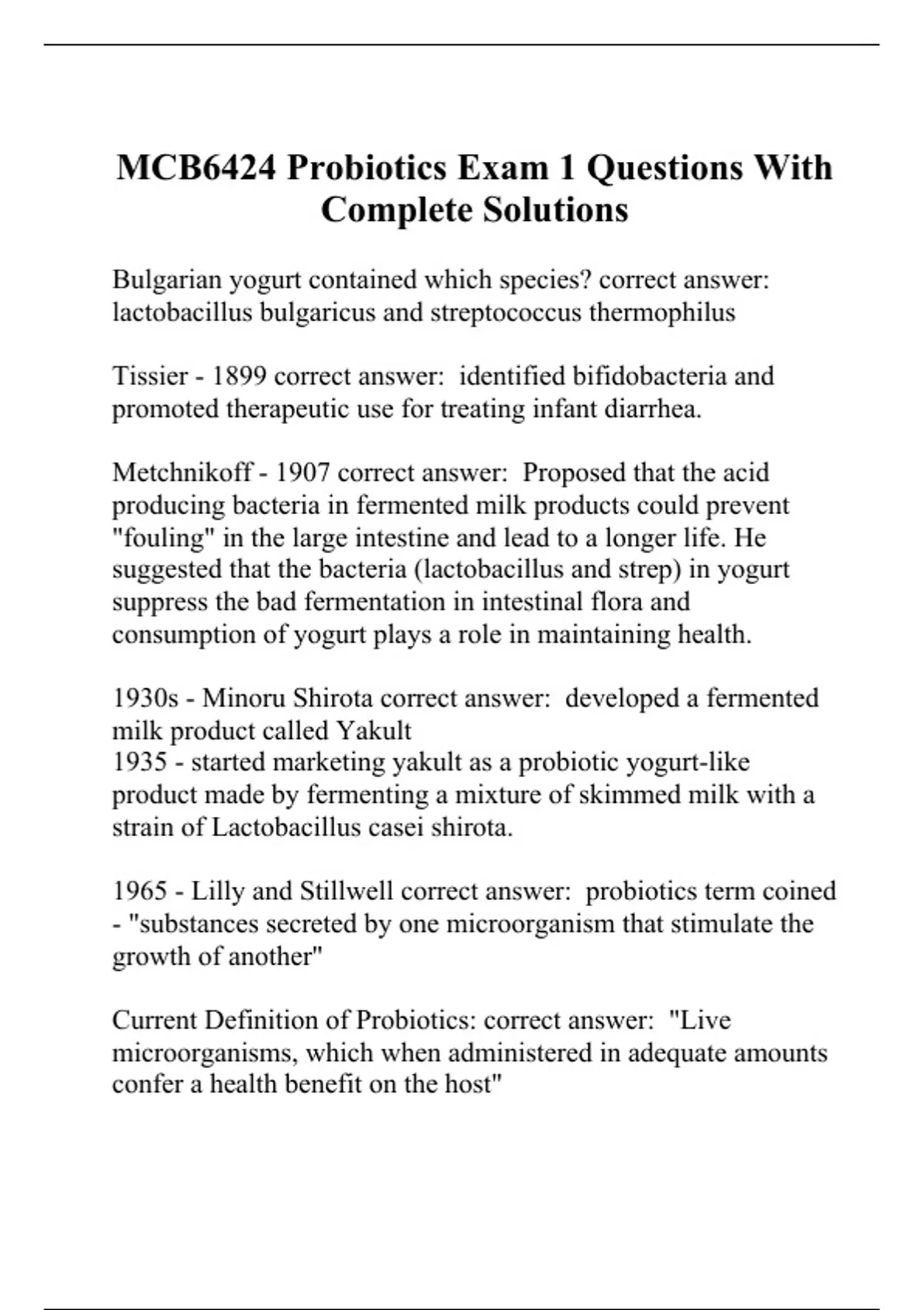 MCB6424 Probiotics Exam 1 Questions With Complete Solutions - MCB6424 ...