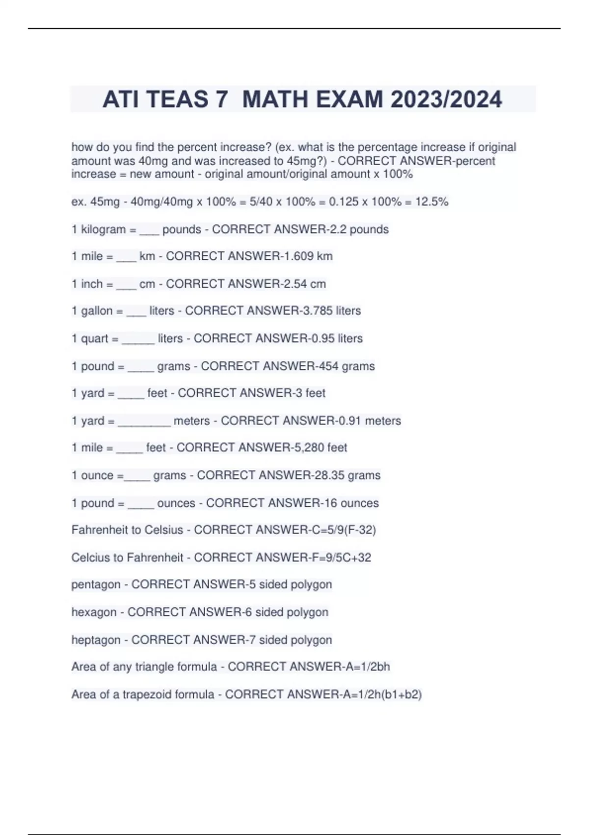 ATI TEAS 7 MATH EXAM 2023/2024 - ATI TEAS 7 - Stuvia US