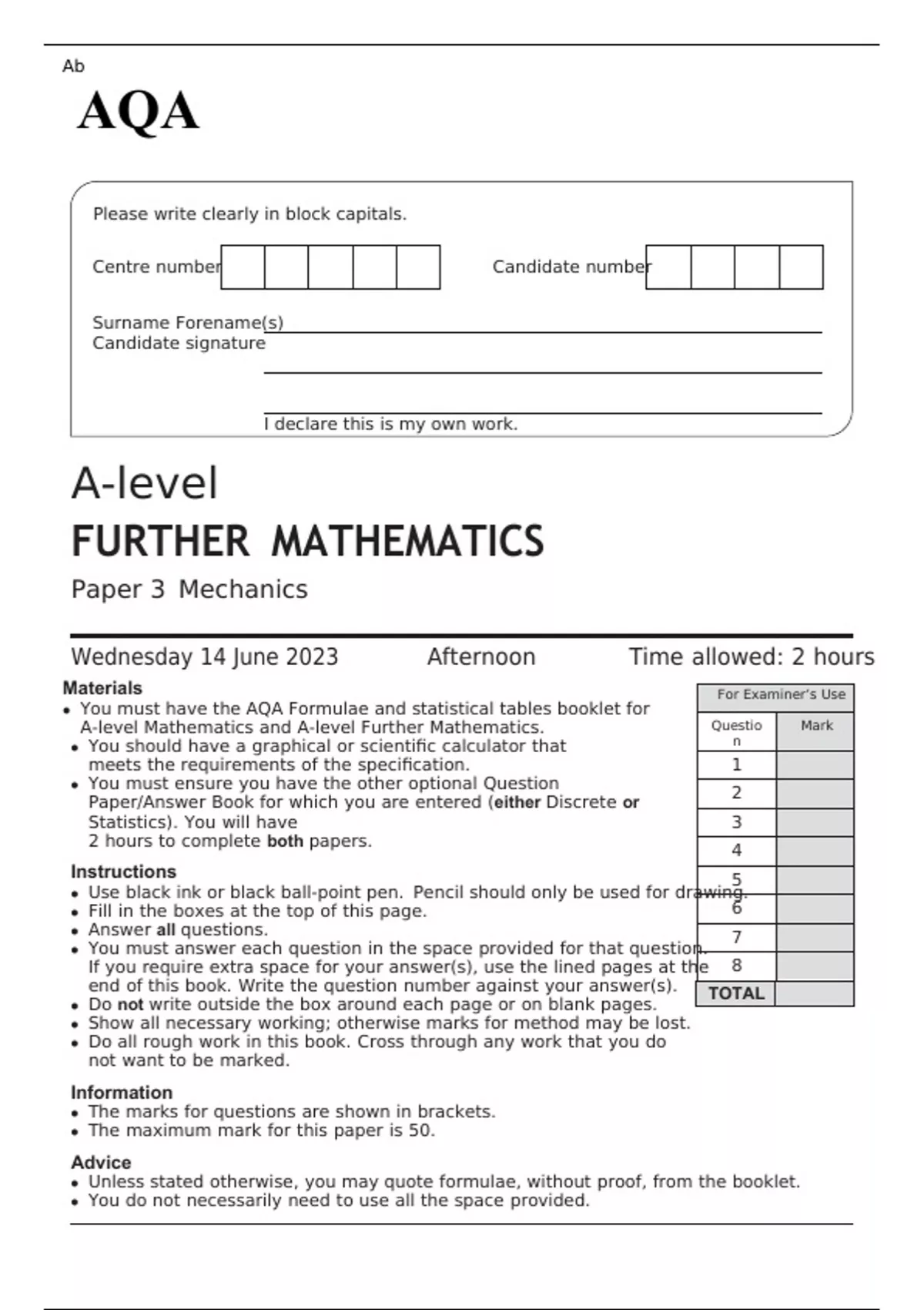 AQA A-level FURTHER MATHEMATICS Paper 3 QUESTION PAPER 2023: Mechanics ...