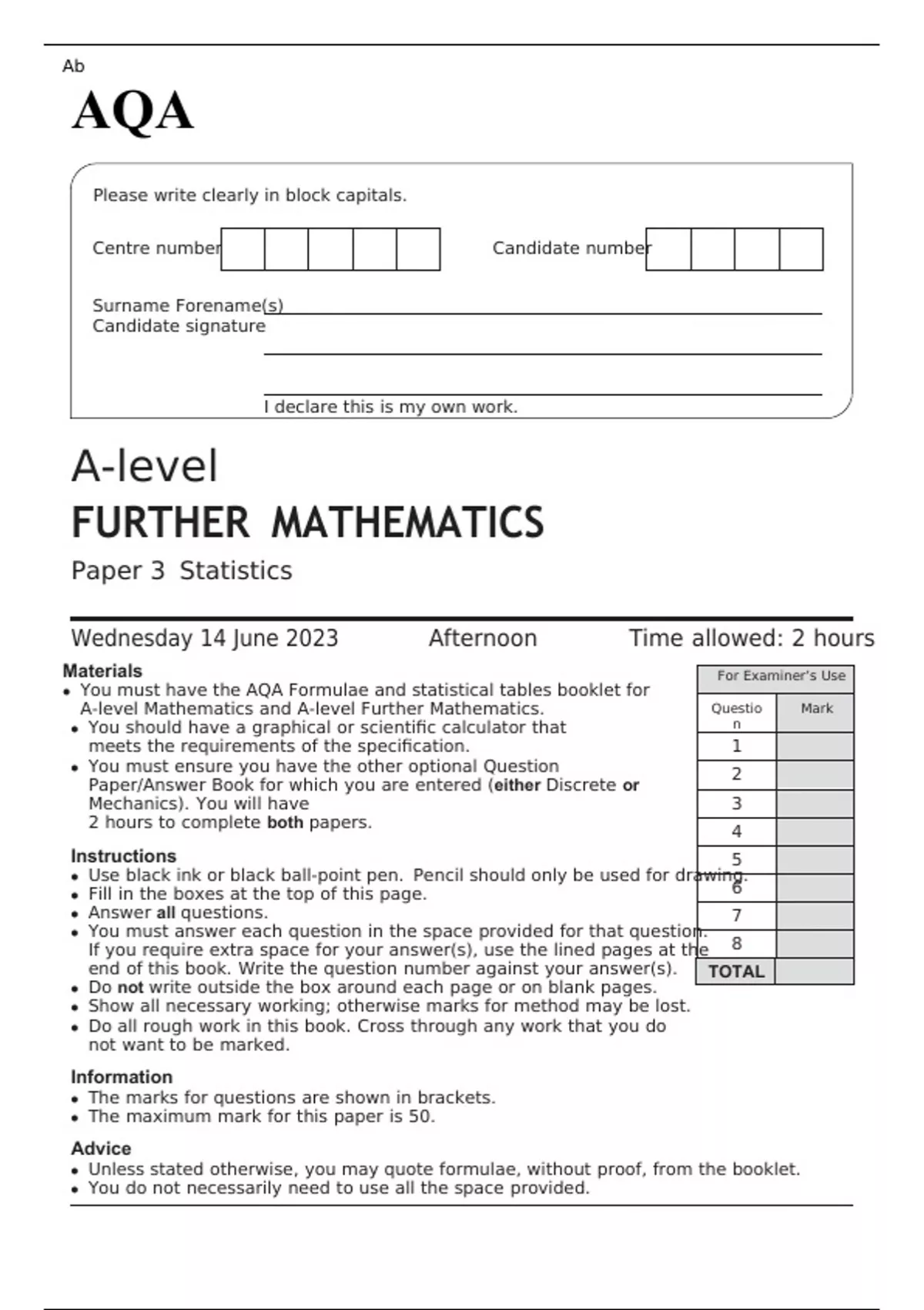 AQA A-level FURTHER MATHEMATICS Paper 3 QUESTION PAPER 2023: Statistics ...
