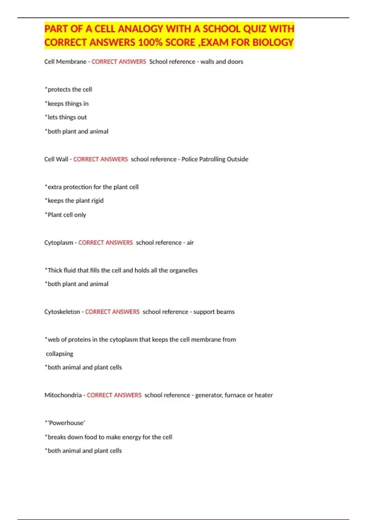 PART OF A CELL ANALOGY WITH A SCHOOL QUIZ WITH CORRECT ANSWERS 100% ...