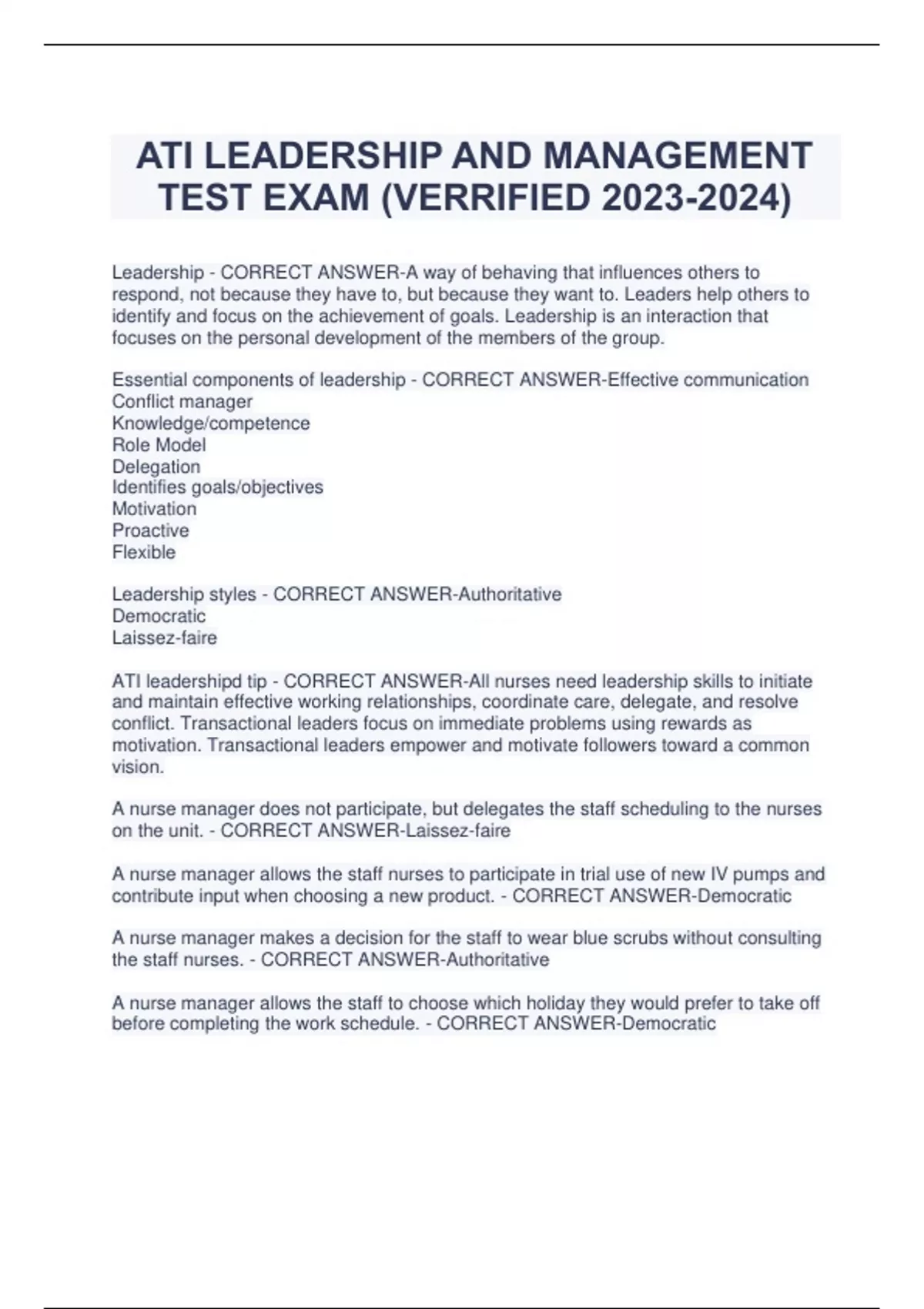 ATI LEADERSHIP AND MANAGEMENT TEST EXAM (VERRIFIED ) - ATI LEADERSHIP ...