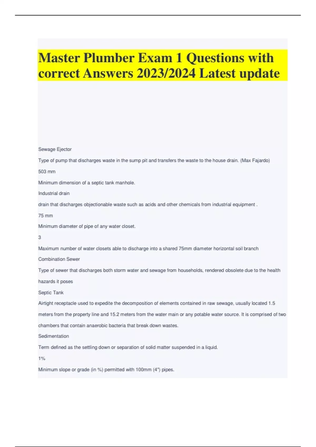 Master Plumber Exam 1 Questions with correct Answers 2023/2024 Latest ...