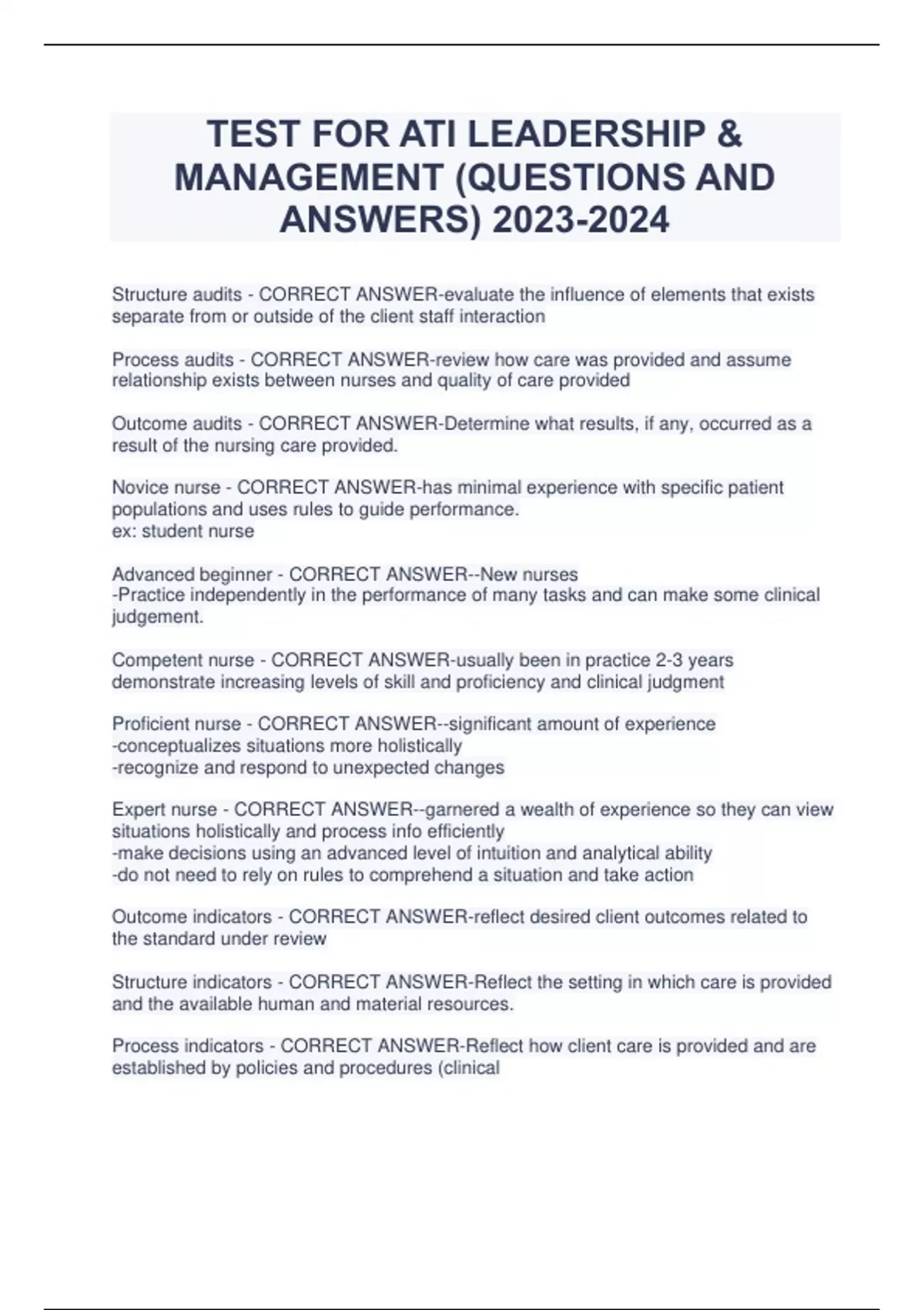 TEST FOR ATI LEADERSHIP & MANAGEMENT (QUESTIONS AND ANSWERS) - ATI ...