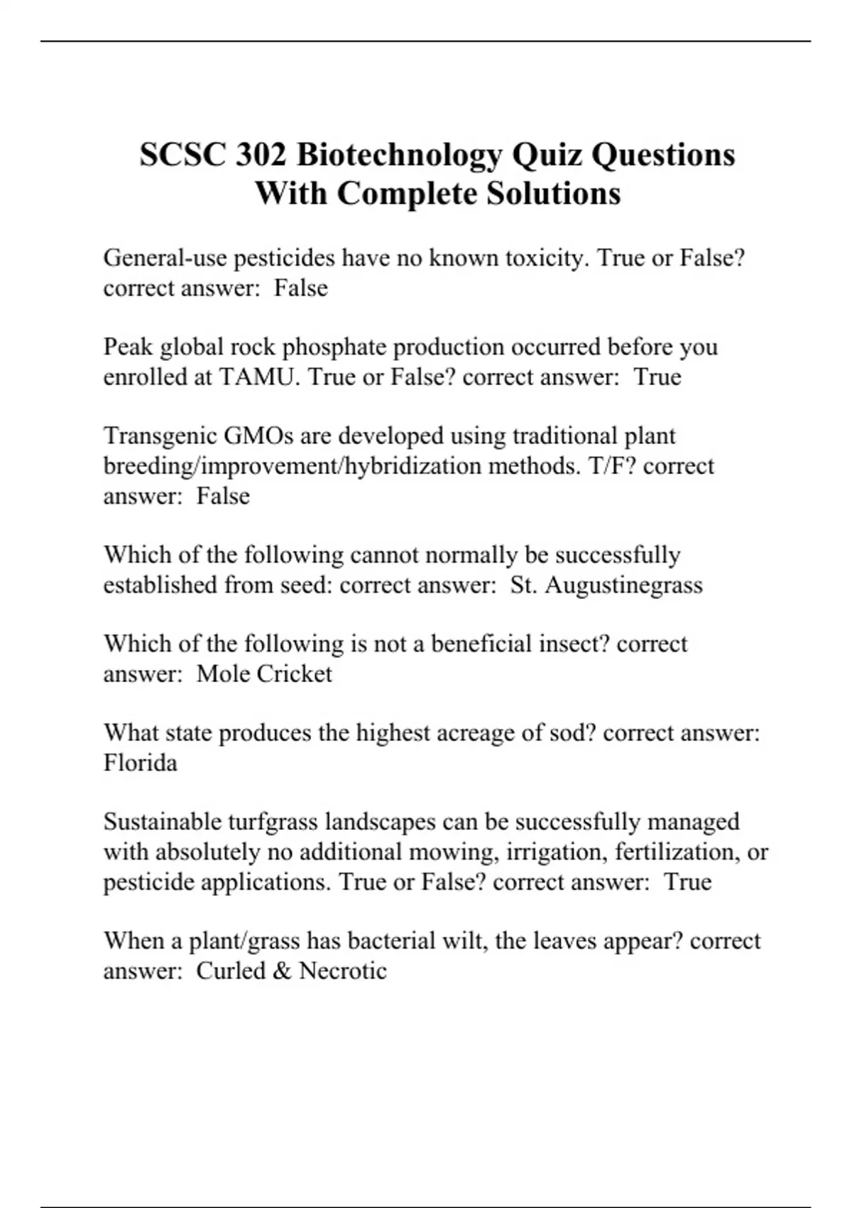 SCSC 302 Biotechnology Quiz Questions With Complete Solutions - SCSC ...