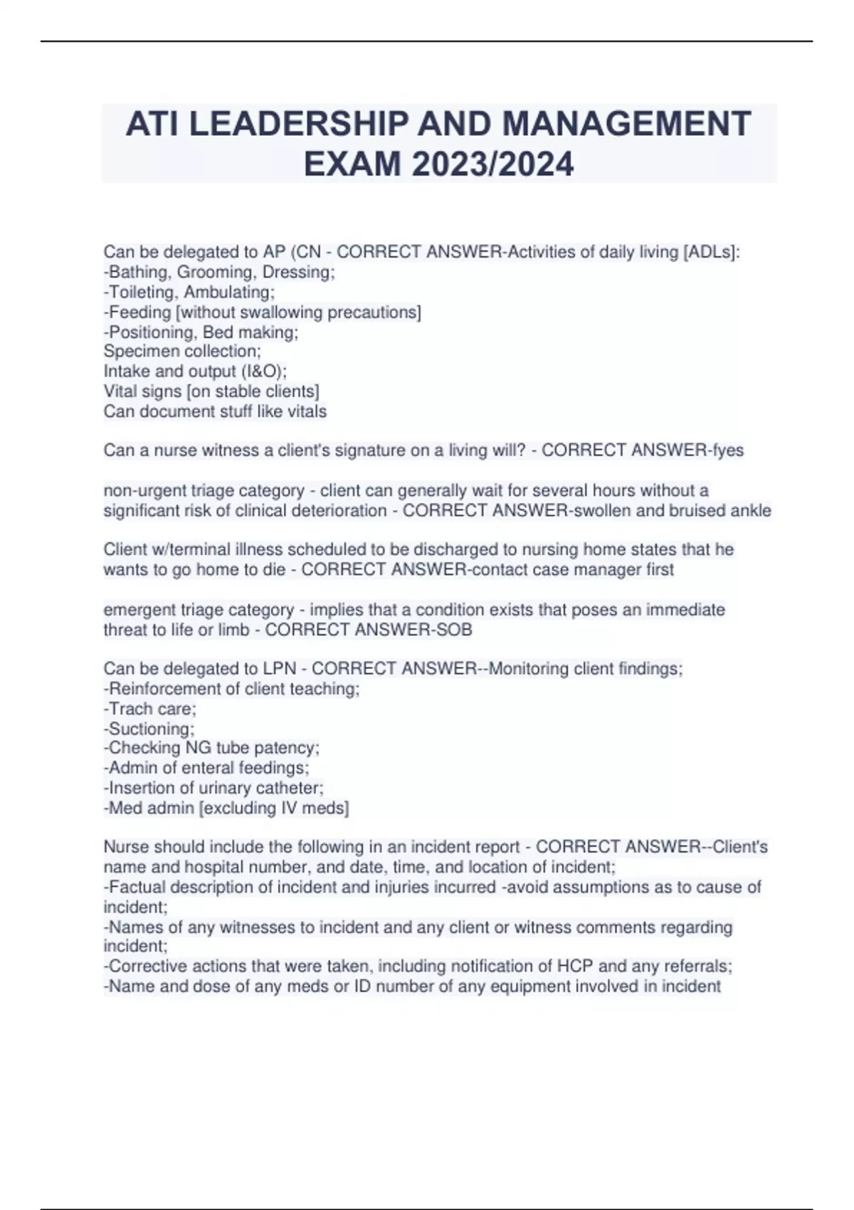 ATI LEADERSHIP AND MANAGEMENT EXAM 2023/2024 - ATI LEADERSHIP AND ...