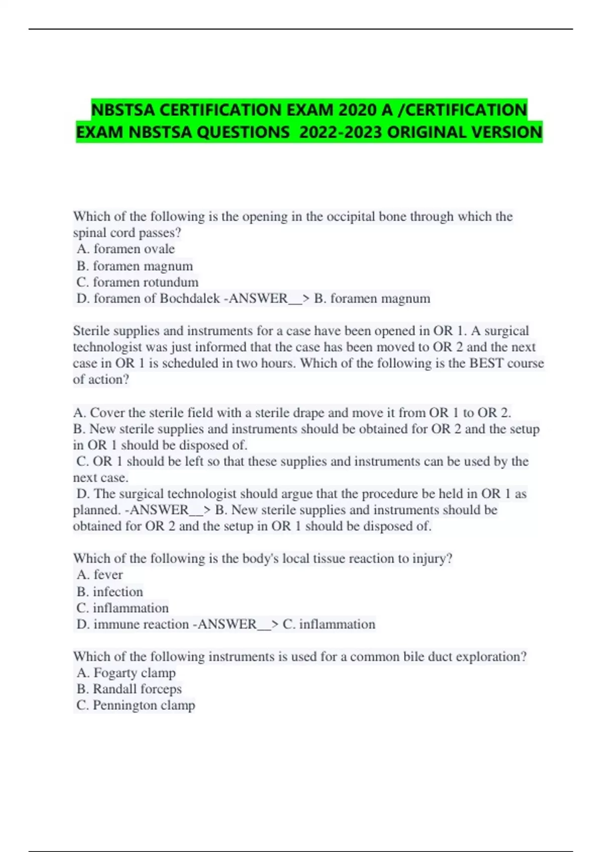 NBSTSA CERTIFICATION EXAM 2020 A /CERTIFICATION EXAM NBSTSA QUESTIONS ...