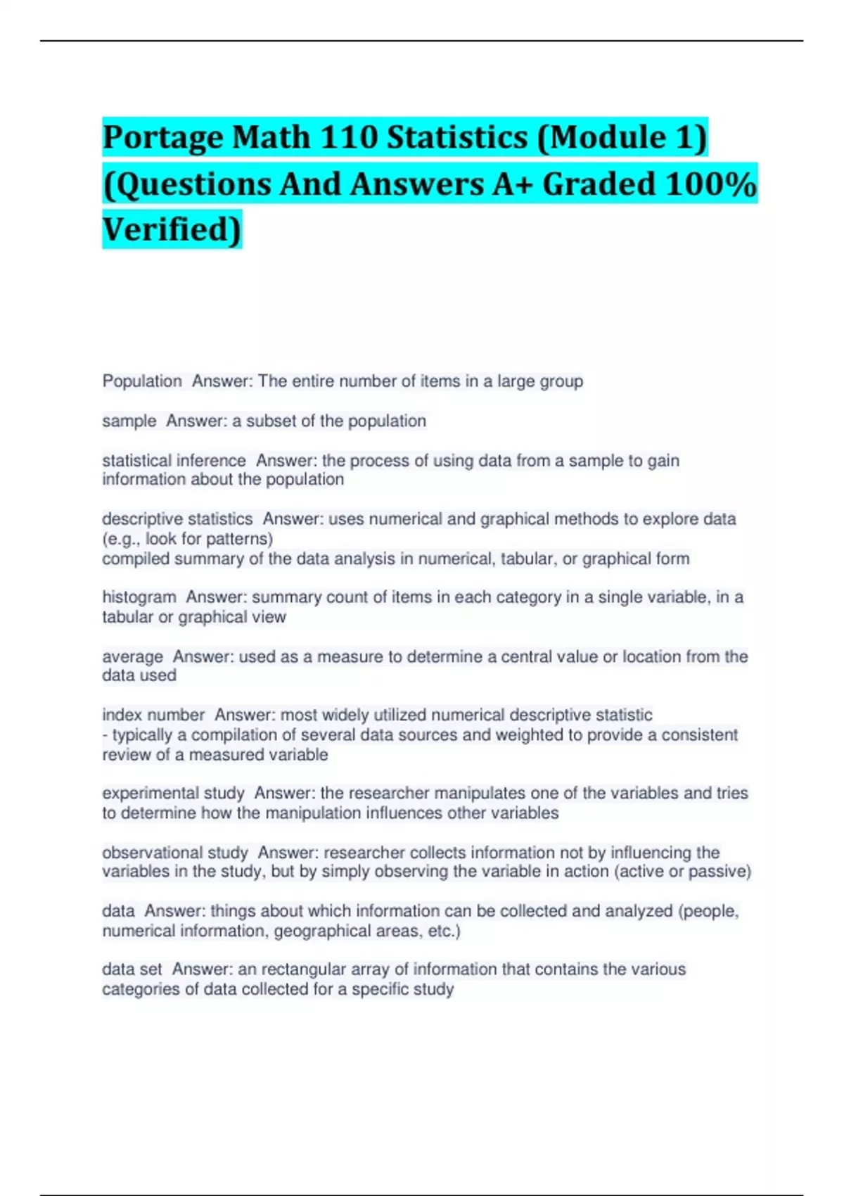 Portage Math 110 Statistics (Module 1) (Questions And Answers A+ Graded ...