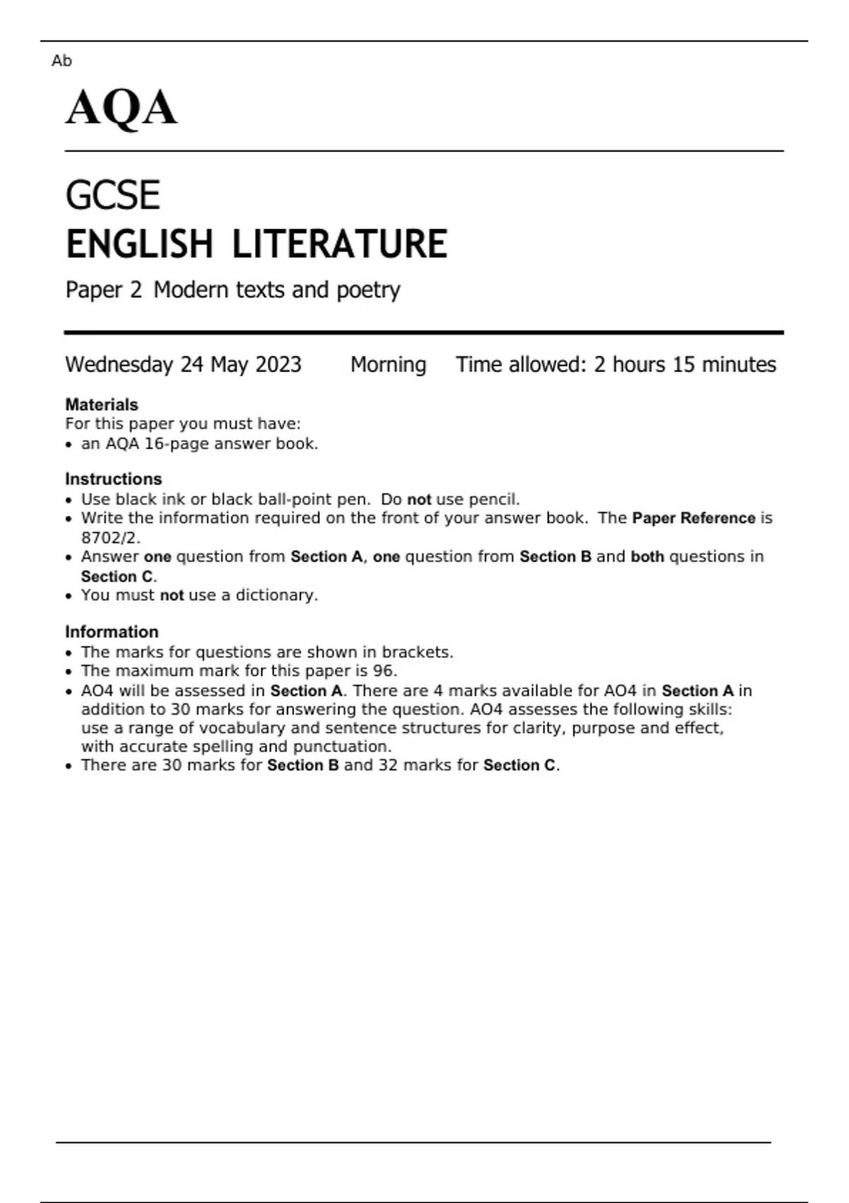AQA GCSE ENGLISH LITERATURE Paper 1 And 2 QUESTION PAPER AND MARK AQA GCSE ENGLISH LITERATURE Paper 1 And 2 QUESTION PAPER AND MARK