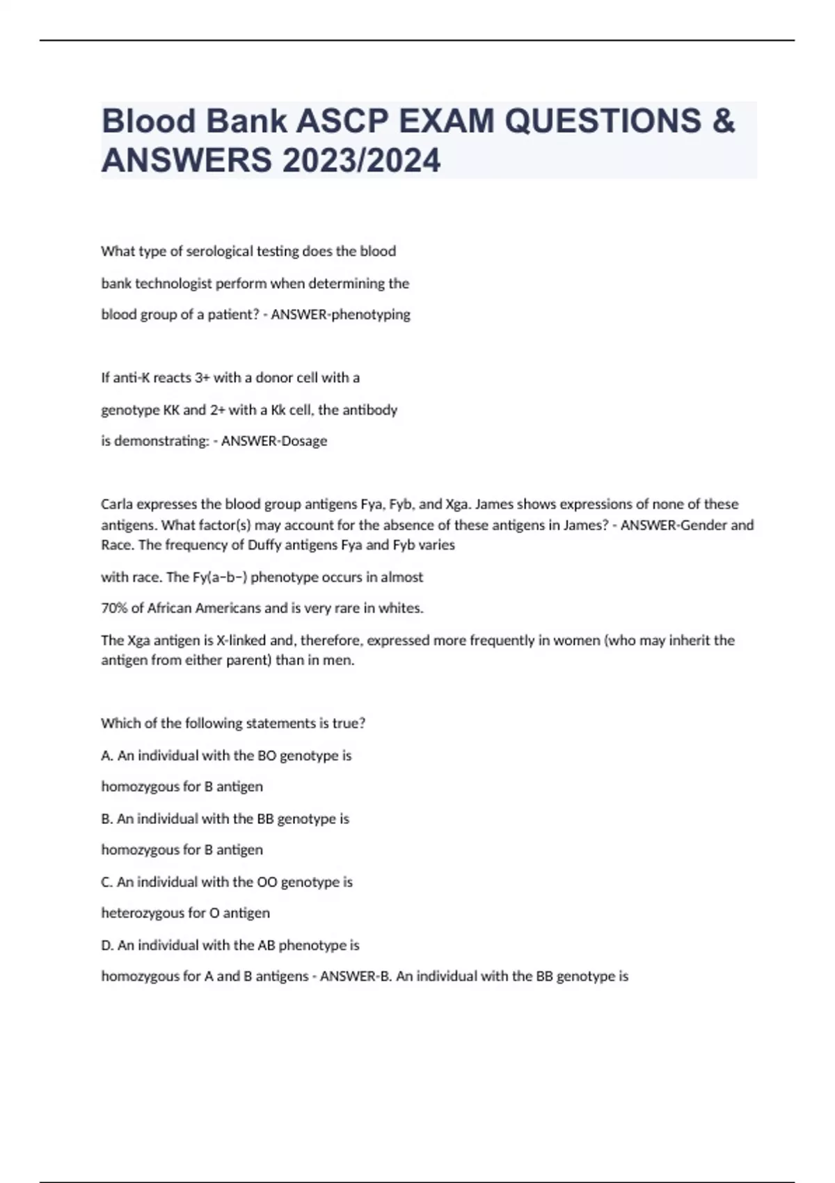 Blood Bank ASCP EXAM QUESTIONS & ANSWERS 2023/2024 - Blood Bank ASCP ...