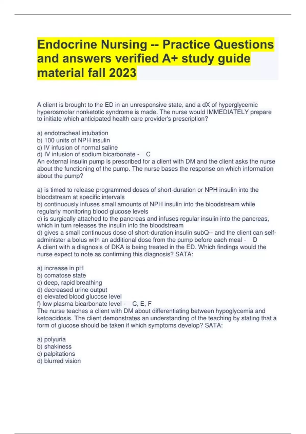 Endocrine Nursing -- Practice Questions and answers verified A+ study ...